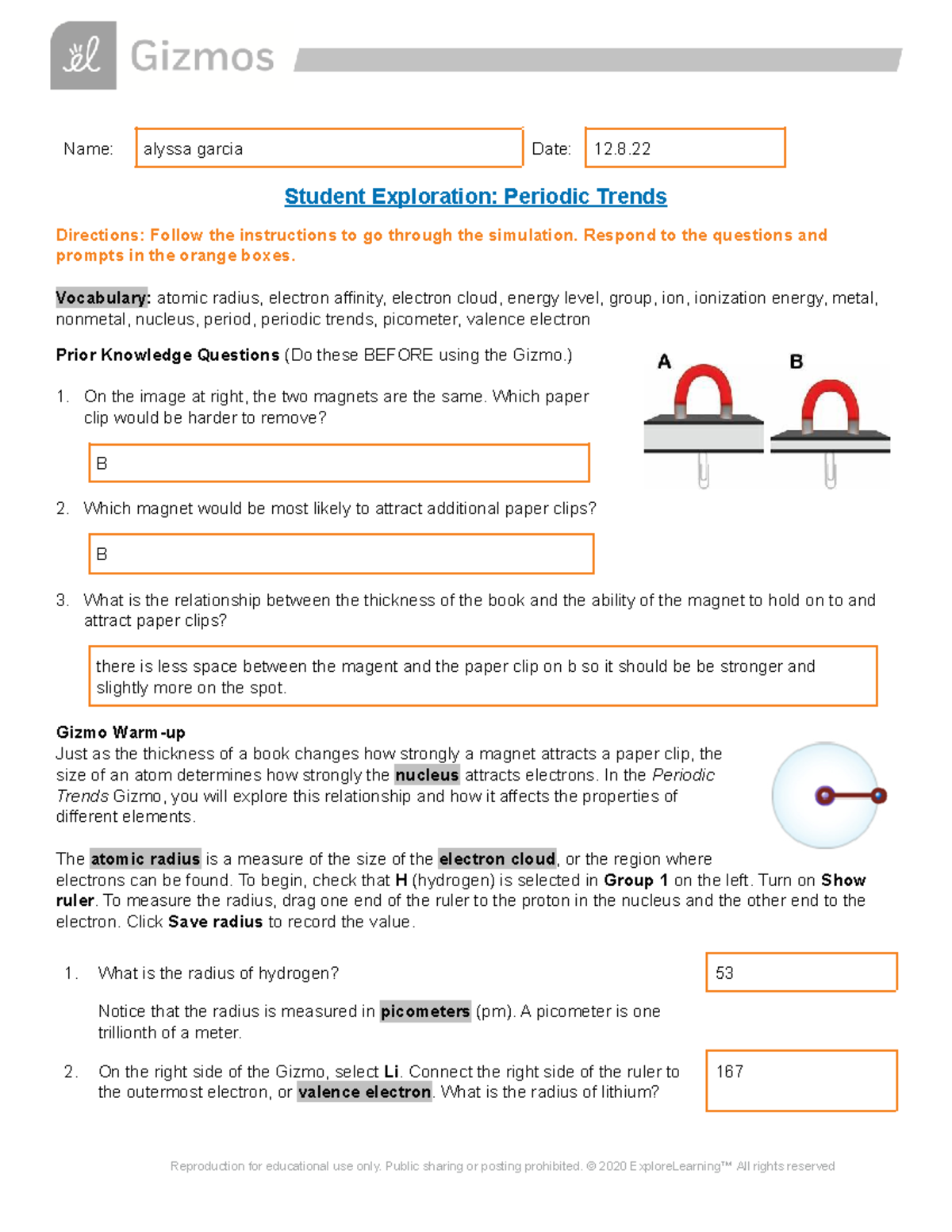 Periodic trends - here - Name: alyssa garcia Date: 12. Student ...