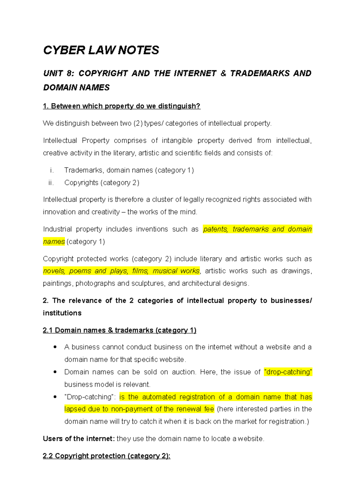 Cyber LAW Notes Unit 8 - CYBER LAW NOTES UNIT 8: COPYRIGHT AND THE ...