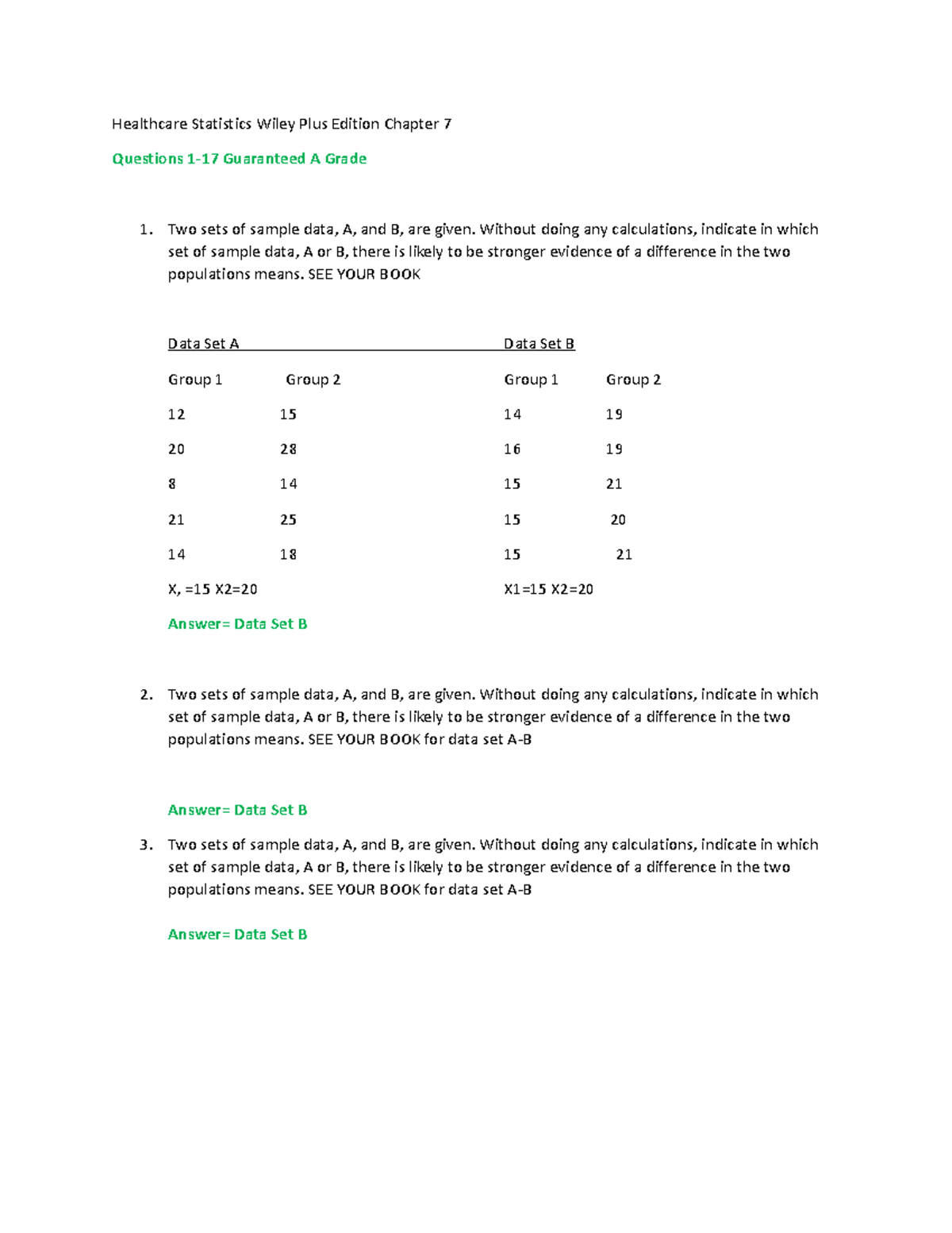 Healthcare Statistics Wiley Plus Edition Chapter 7 - Two sets of sample ...