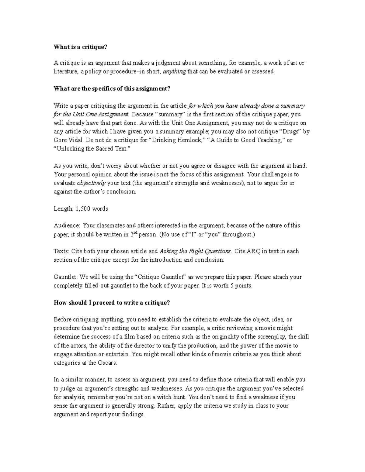 Critique assignment - Grade: b+ - What is a critique? A critique is an ...