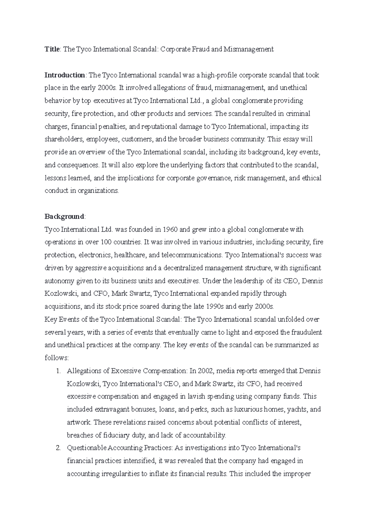 Document 4 Tyco International Scandal - Title: The Tyco International ...