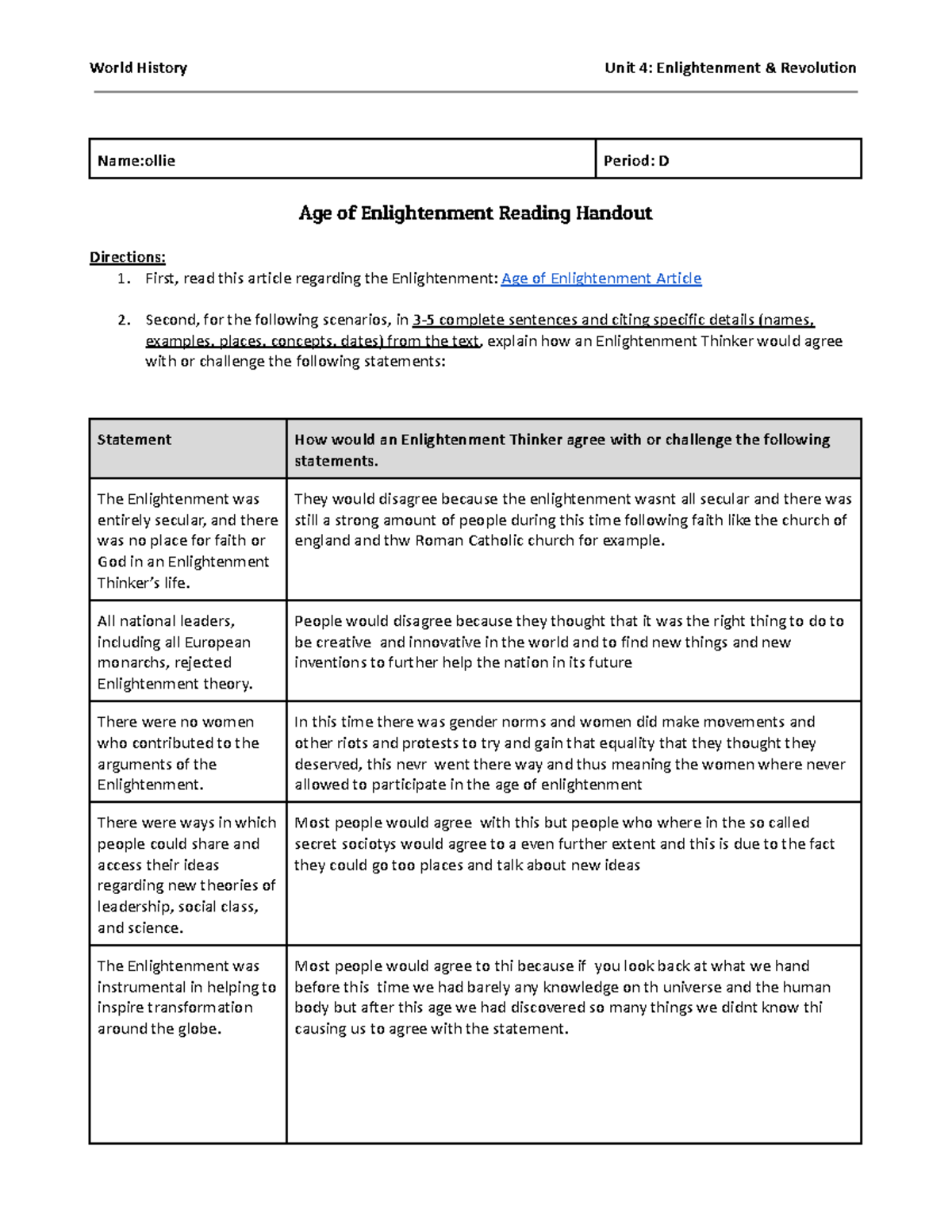 Copy of Age of Enlightenment Reading Statement Activity - Google Docs ...