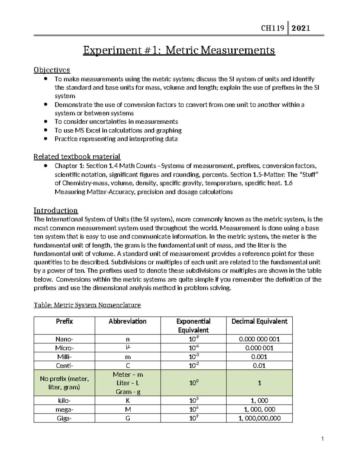 1 Metric Measurements (29) - Experiment #1: Metric Measurements ...