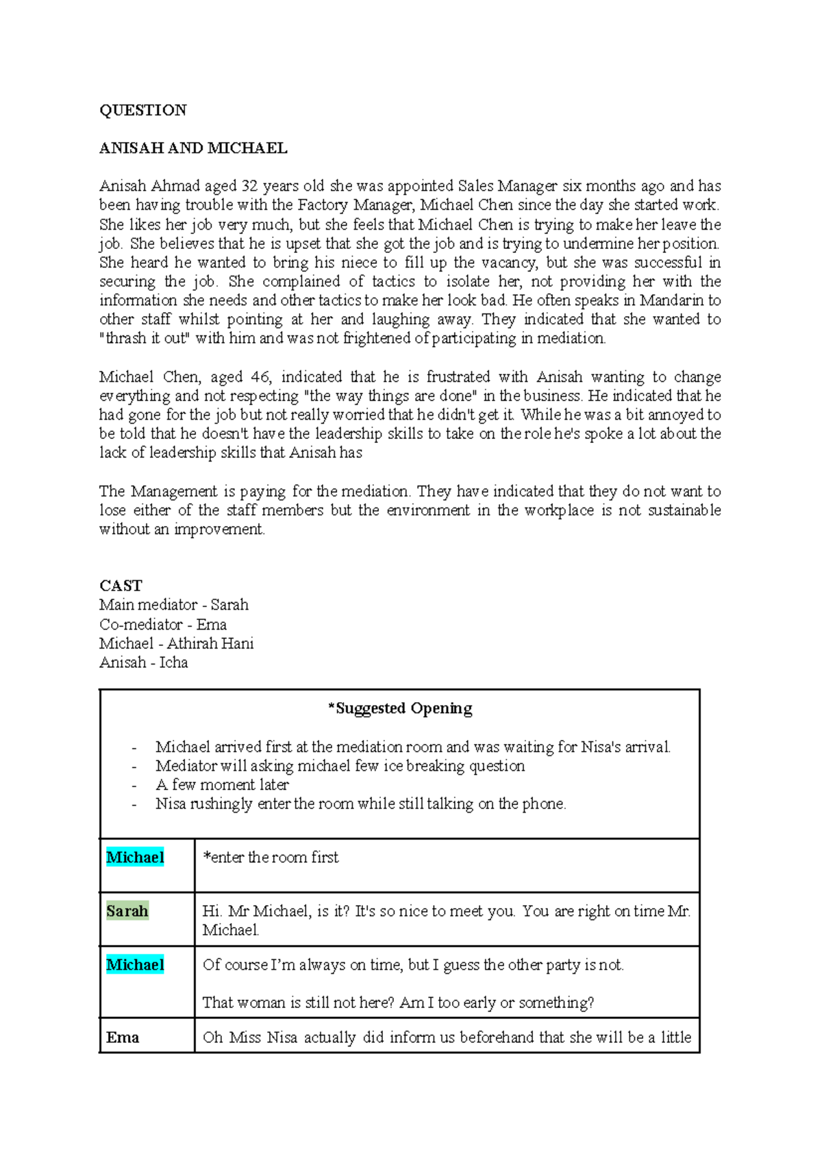 ADR Roleplay - QUESTION ANISAH AND MICHAEL Anisah Ahmad aged 32 years old she was appointed ...