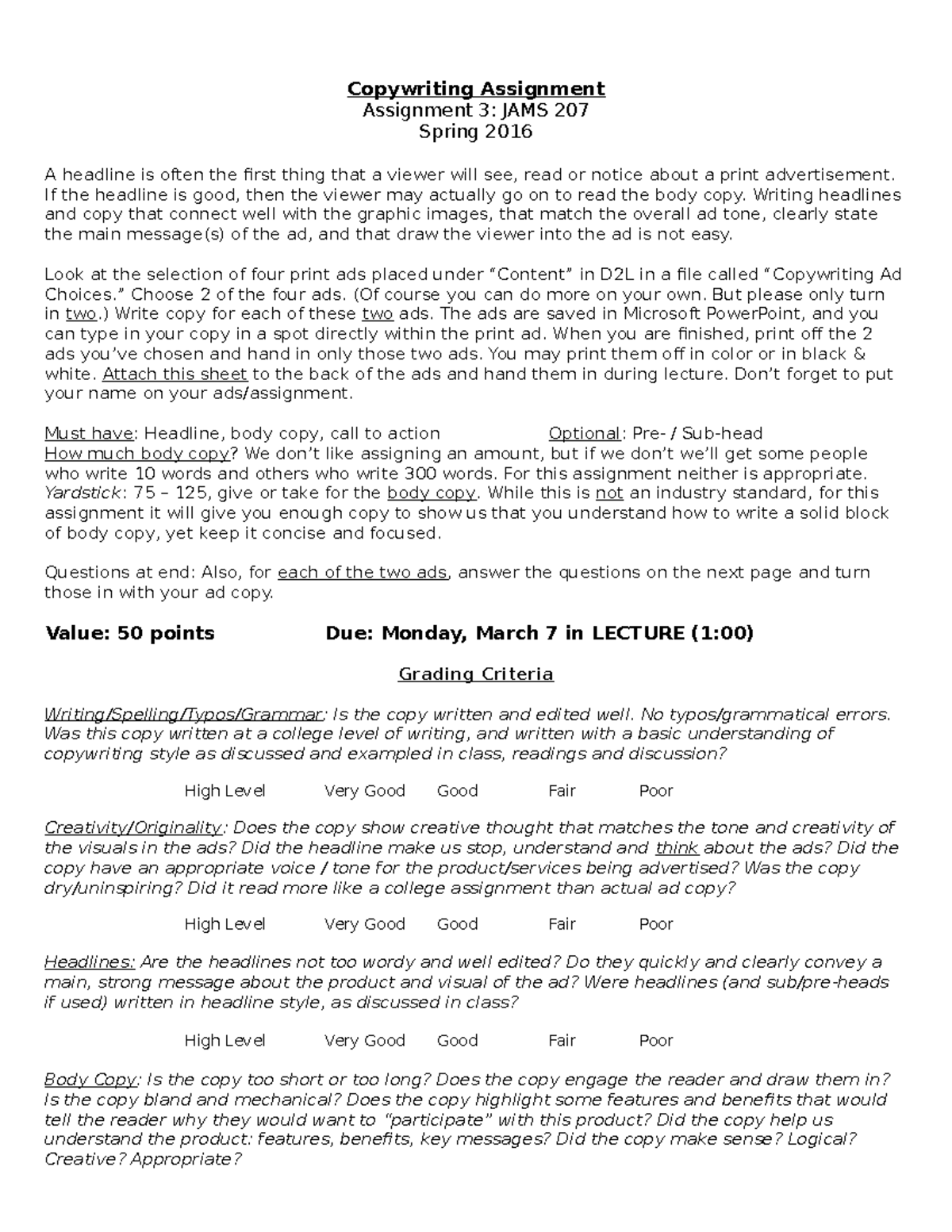 Copywriting Assignment - Copywriting Assignment Assignment 3: JAMS 207 ...