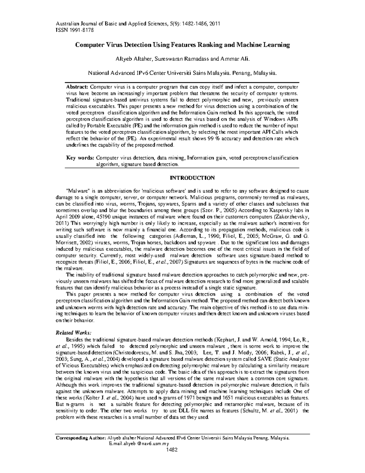 Computer Virus Detection Using Features Ranking and Machine Learning - Australian Journal of ...