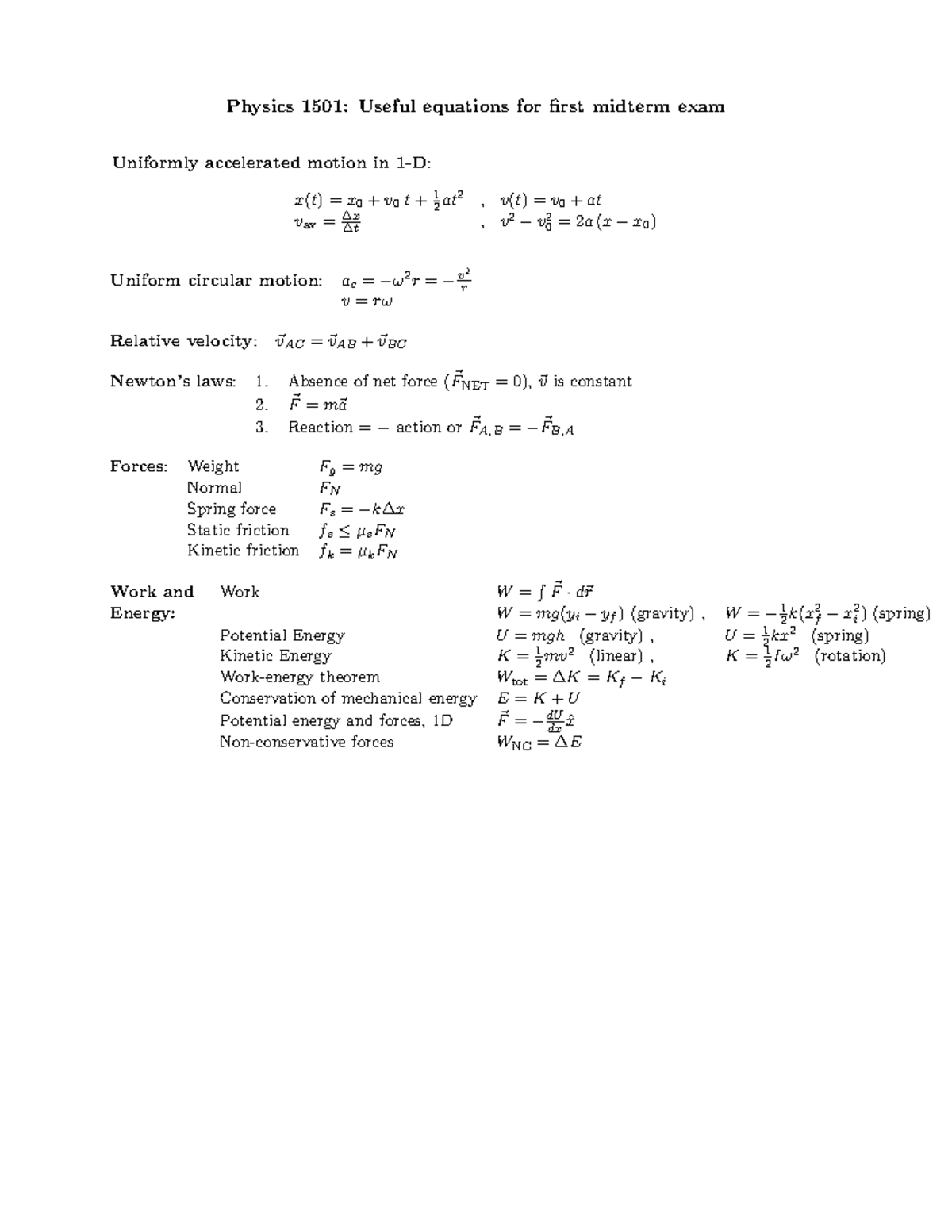 Exam One Equation Sheet - Physics 1501: Useful equations for first ...