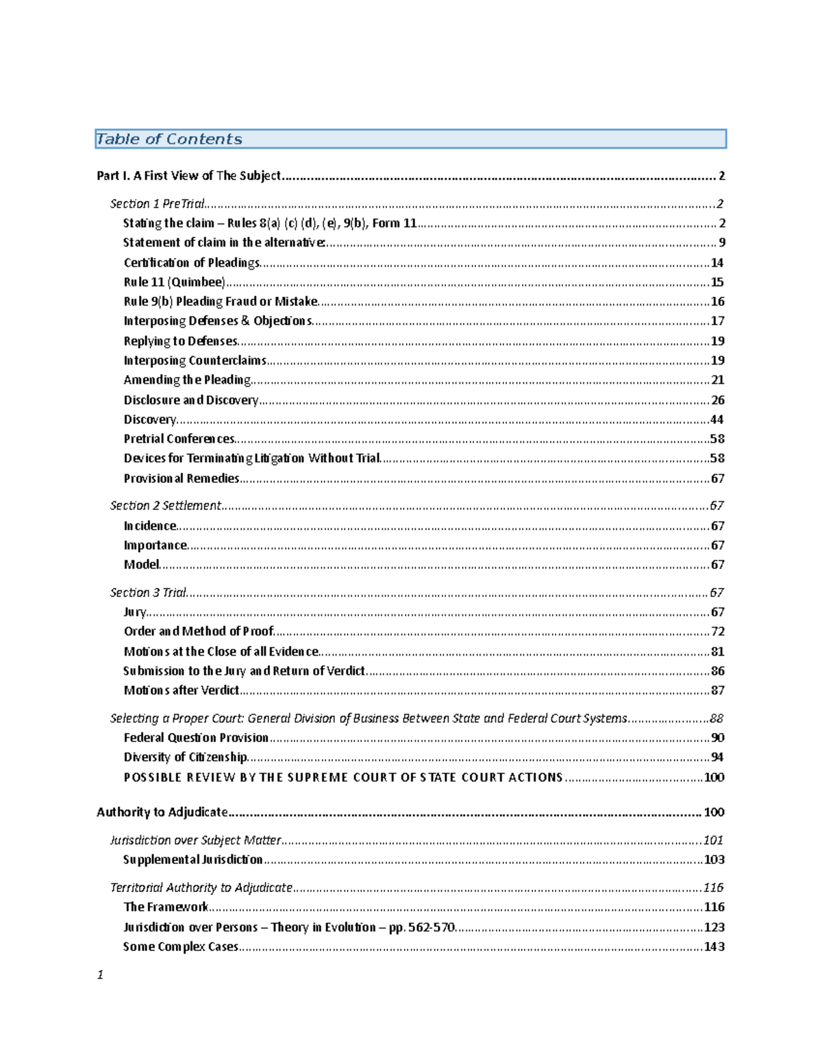 Civ Pro Class Notes - Table of Contents Part I. A First View of The ...