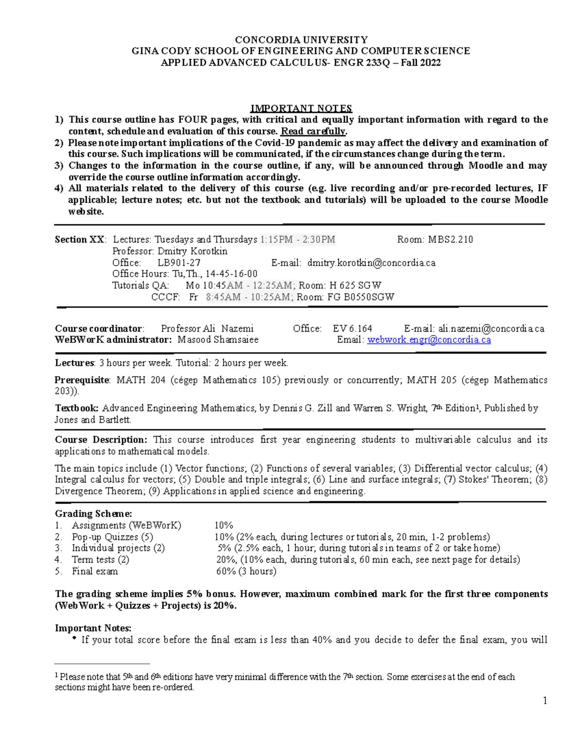 ENGR 233 Q outline Fall 2022 - CONCORDIA UNIVERSITY GINA CODY SCHOOL OF ENGINEERING AND COMPUTER ...