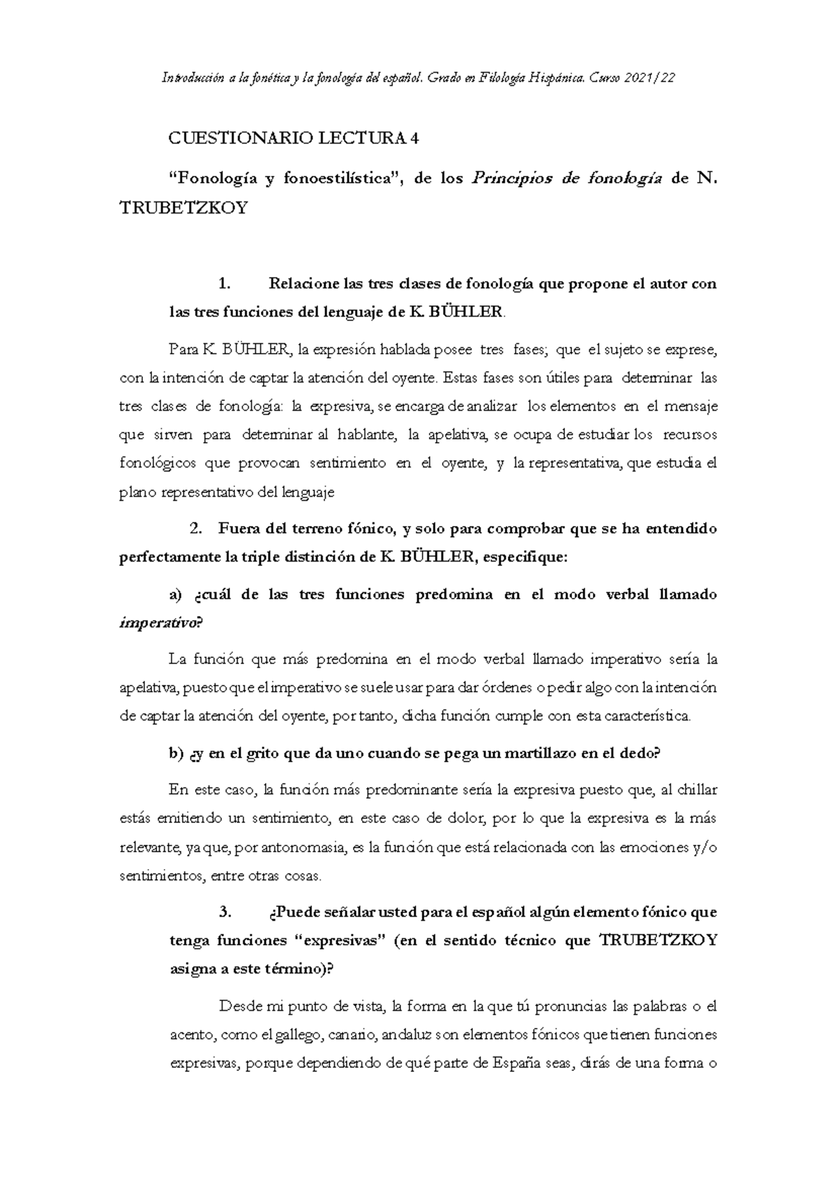 Cuestionario Lectura 4 Trubetzkoy - Introducción a la fonética y la ...