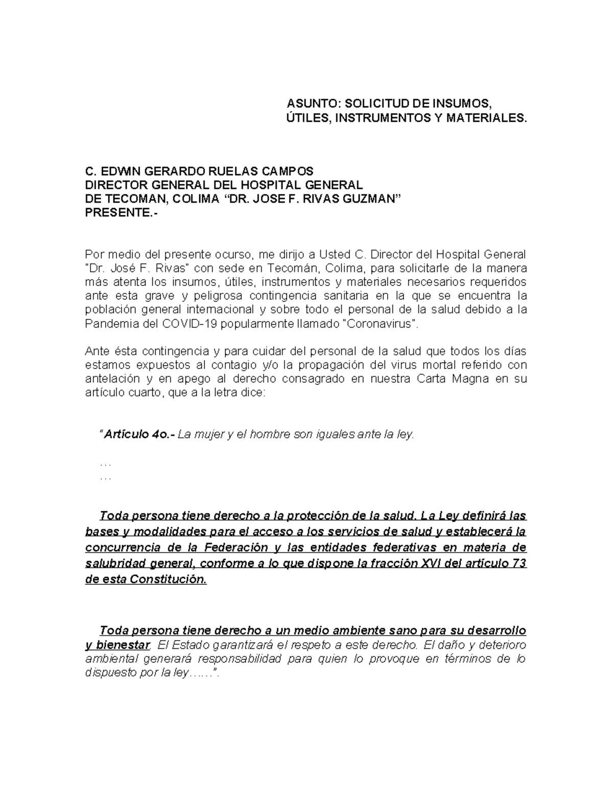 Solicitud DE Insumos ANTE Covid-19 - ASUNTO: SOLICITUD DE INSUMOS ...