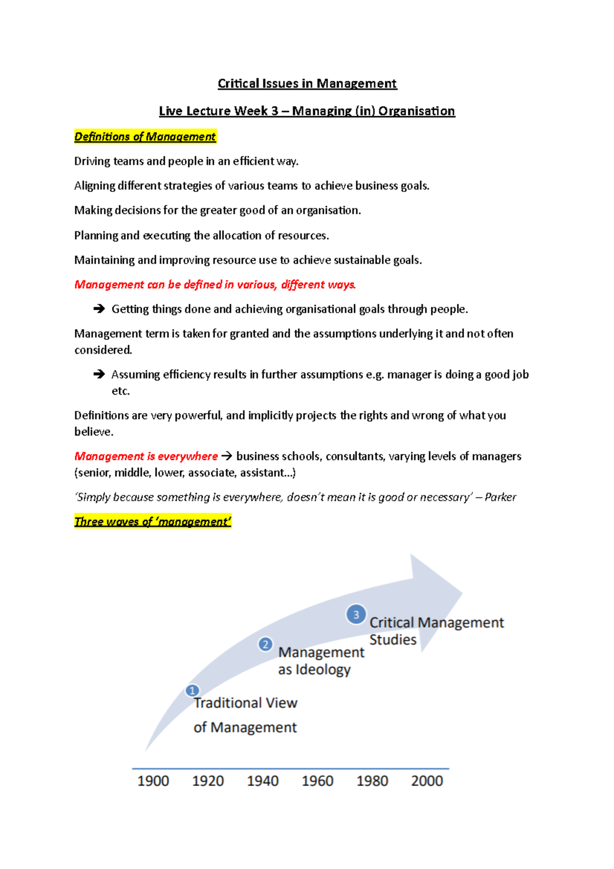 Lecture Week 3 - management - Critical Issues in Management Live ...