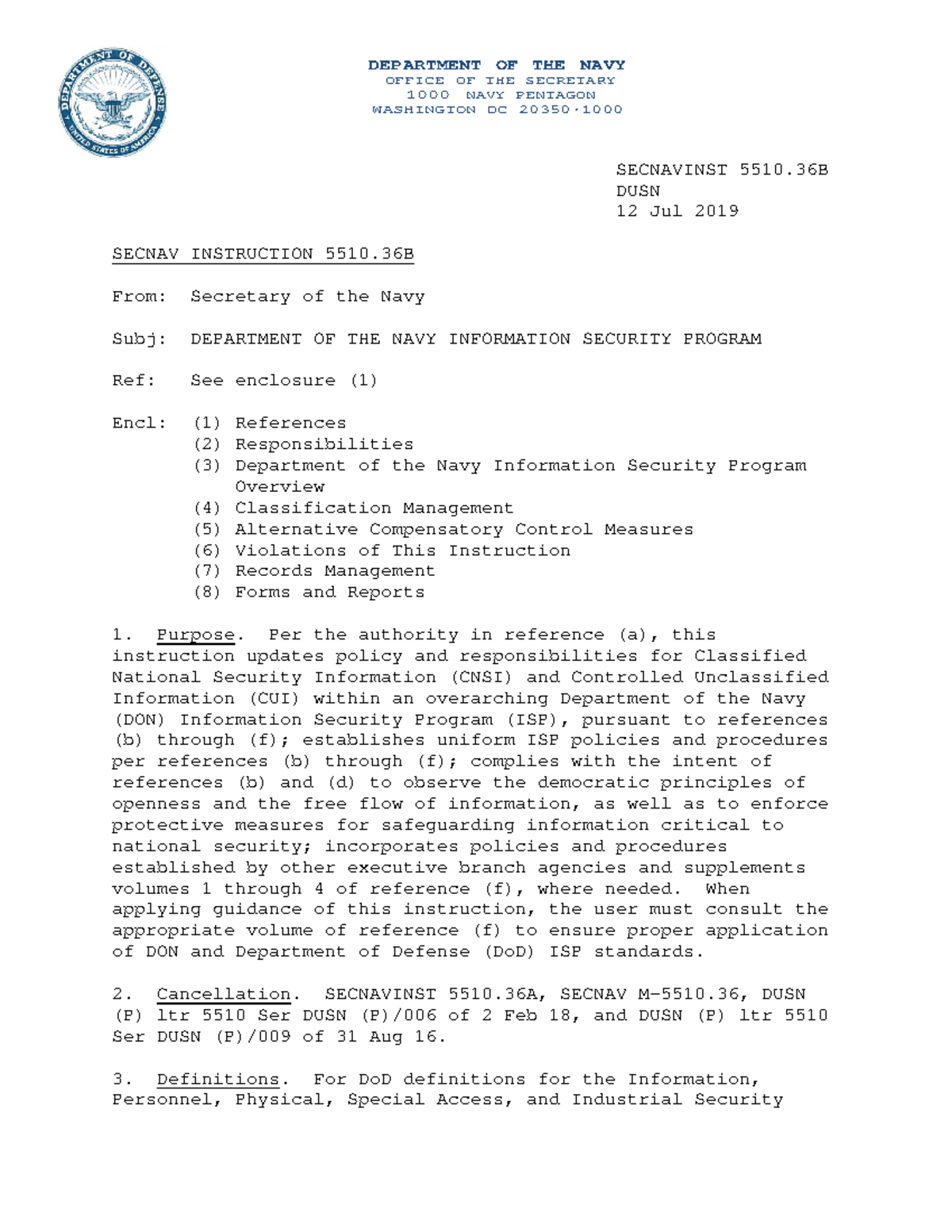 Secnavinst 5510.36B DON INFO Security Program - DEPARTMENT OF THE NAVY ...