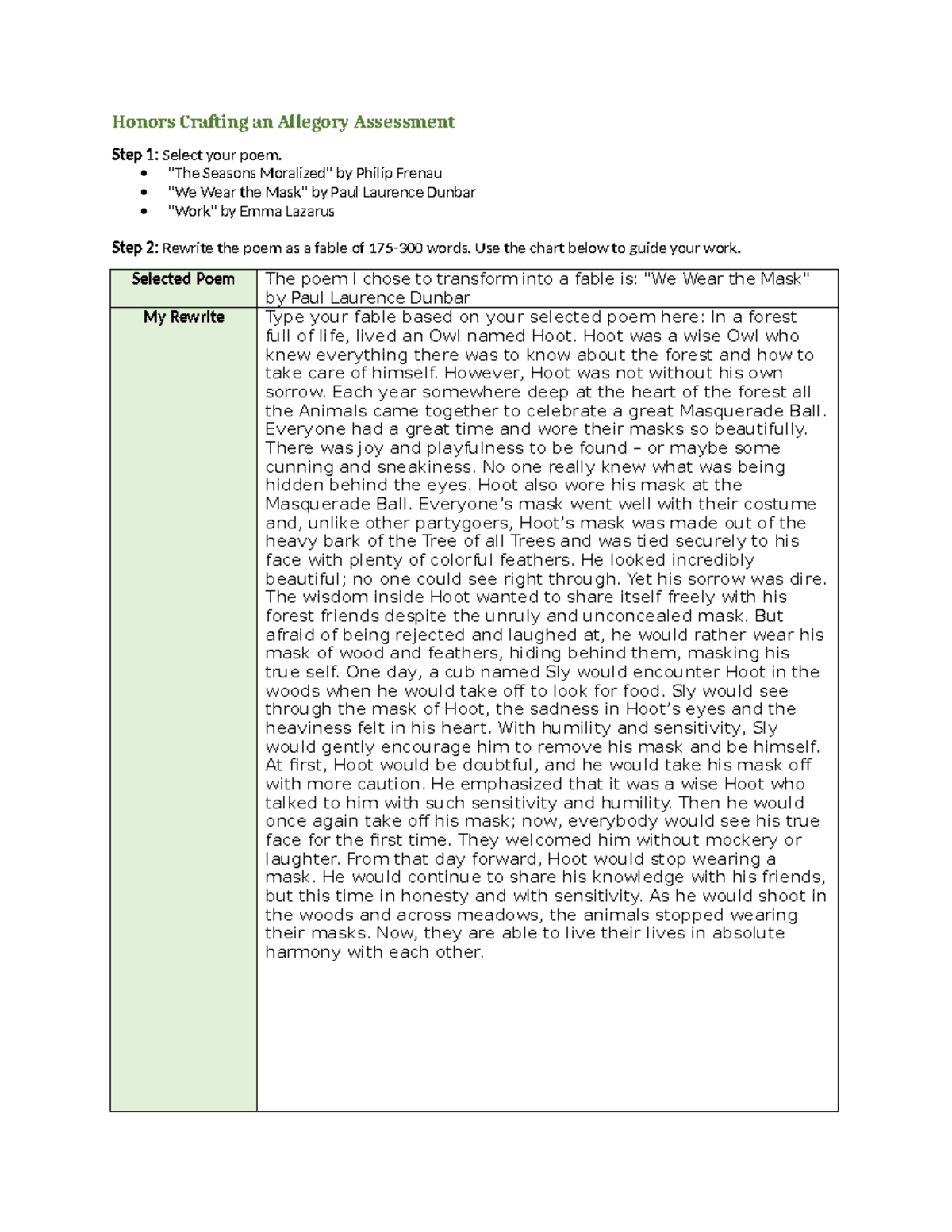 2.08 honors english - Honors Crafting an Allegory Assessment Step 1 ...