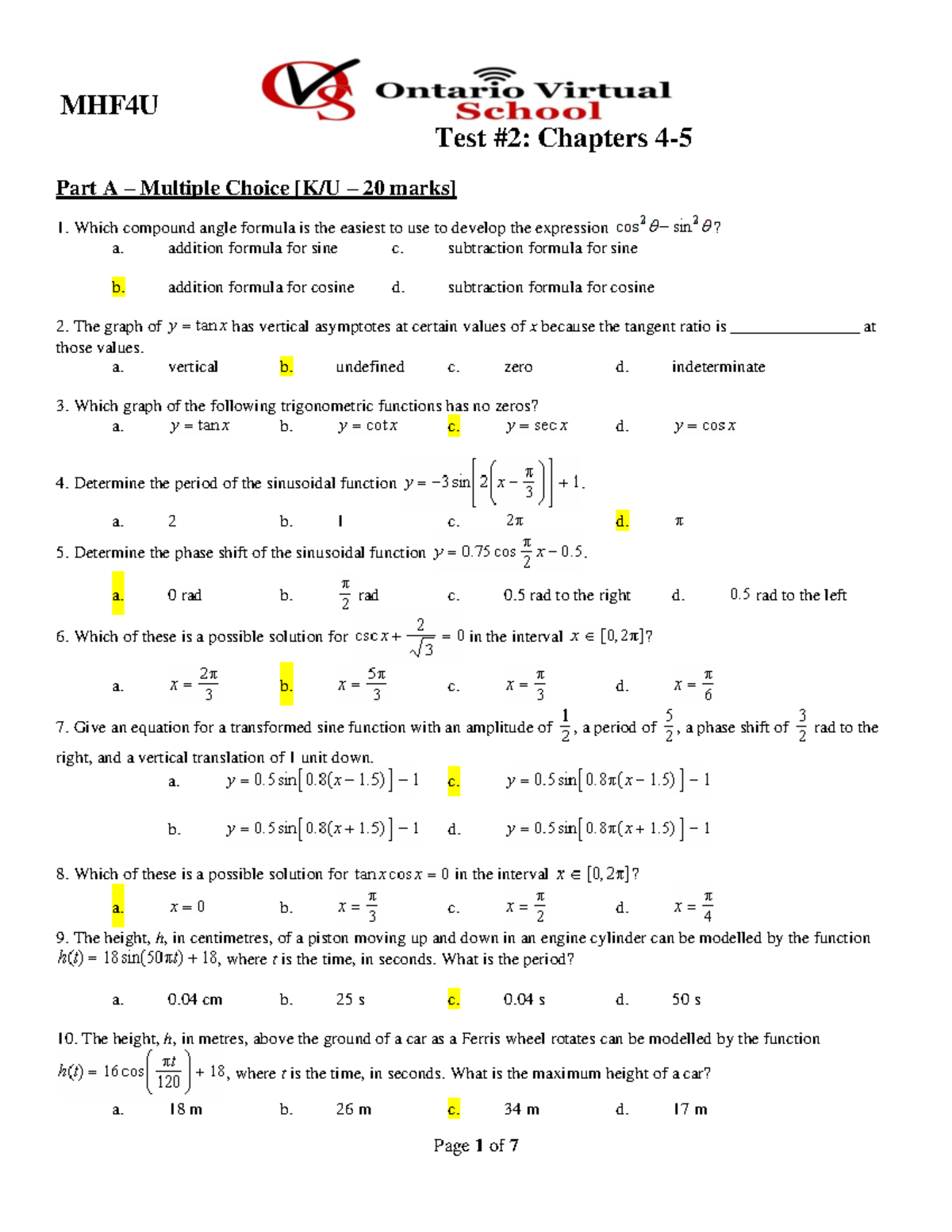 Unit 2 Practice Test Solutions - MHF4U Test #2: Chapters 4- 5 Part A ...