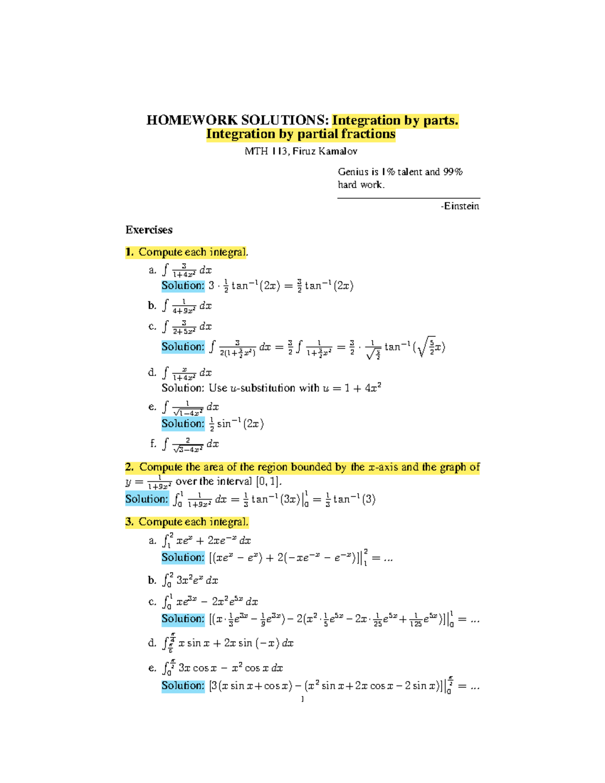 HW 3 Solutions - calculus 2 - HOMEWORK SOLUTIONS: Integration by parts ...