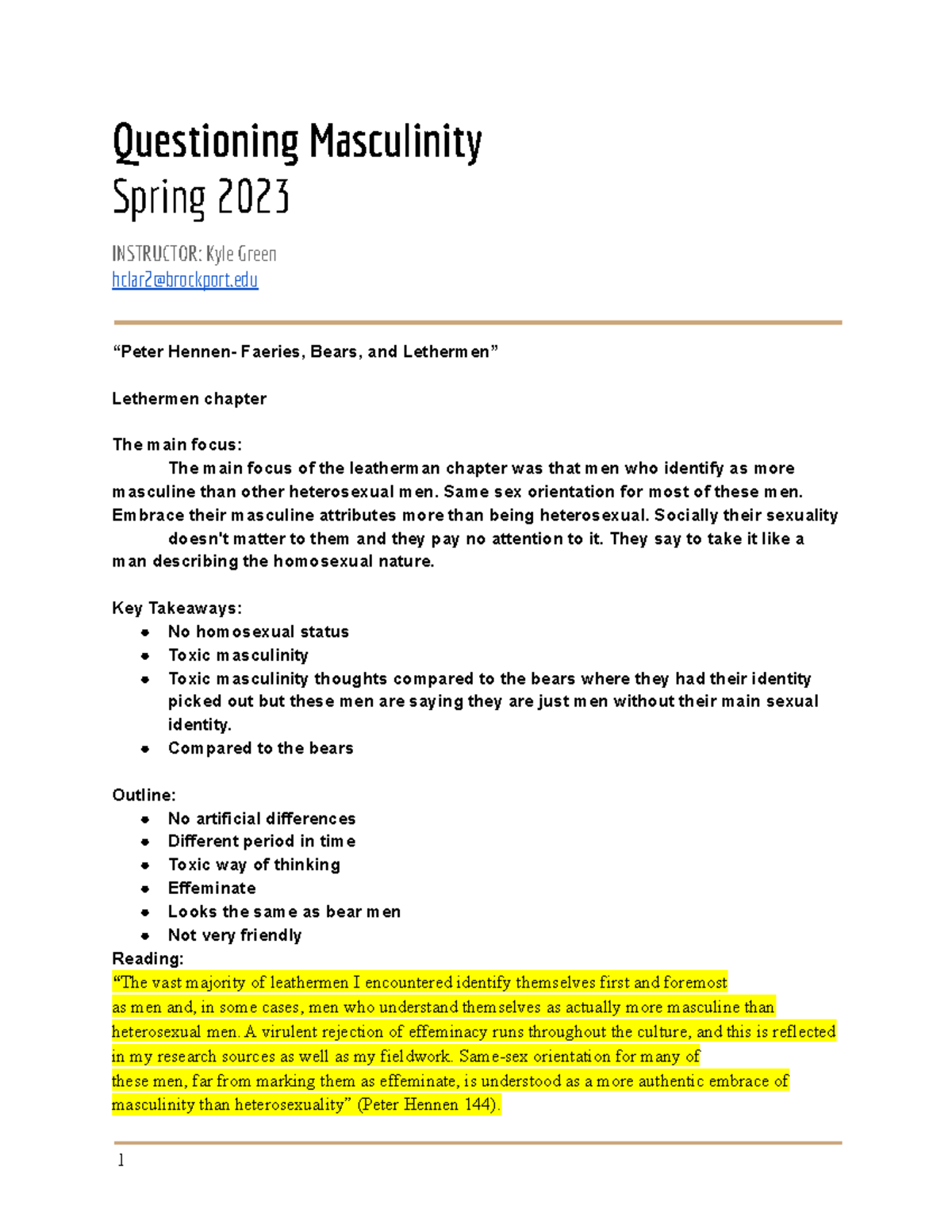 Class notes Lethermen - Chapter on Gender Studies - Questioning ...