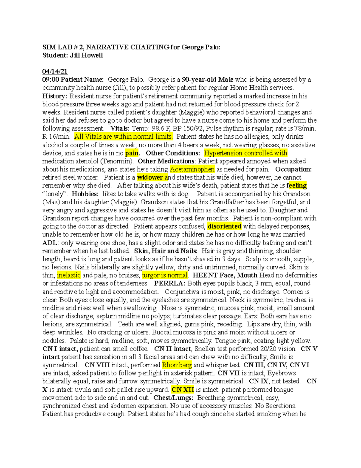 Narrative Documentation Jill Howell - SIM LAB # 2, NARRATIVE CHARTING ...
