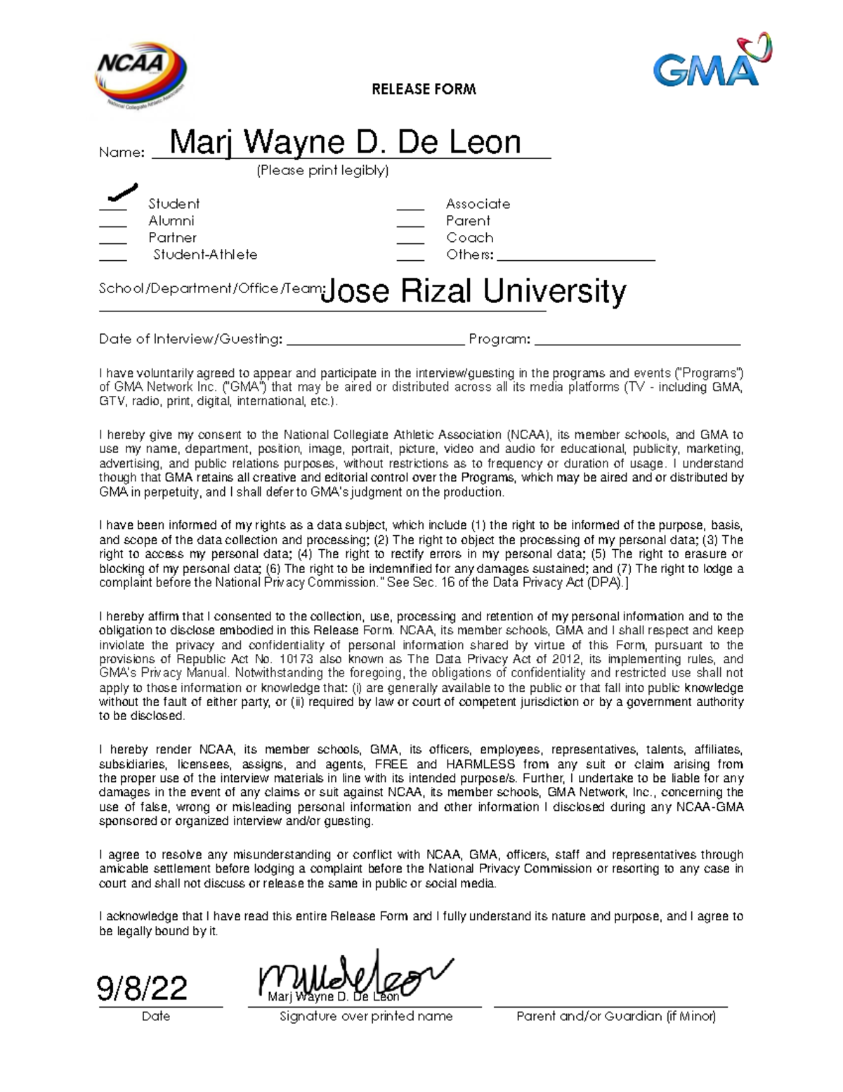 1Release-Form-NCAA - Thankyouu - RELEASE FORM Name: - Studocu