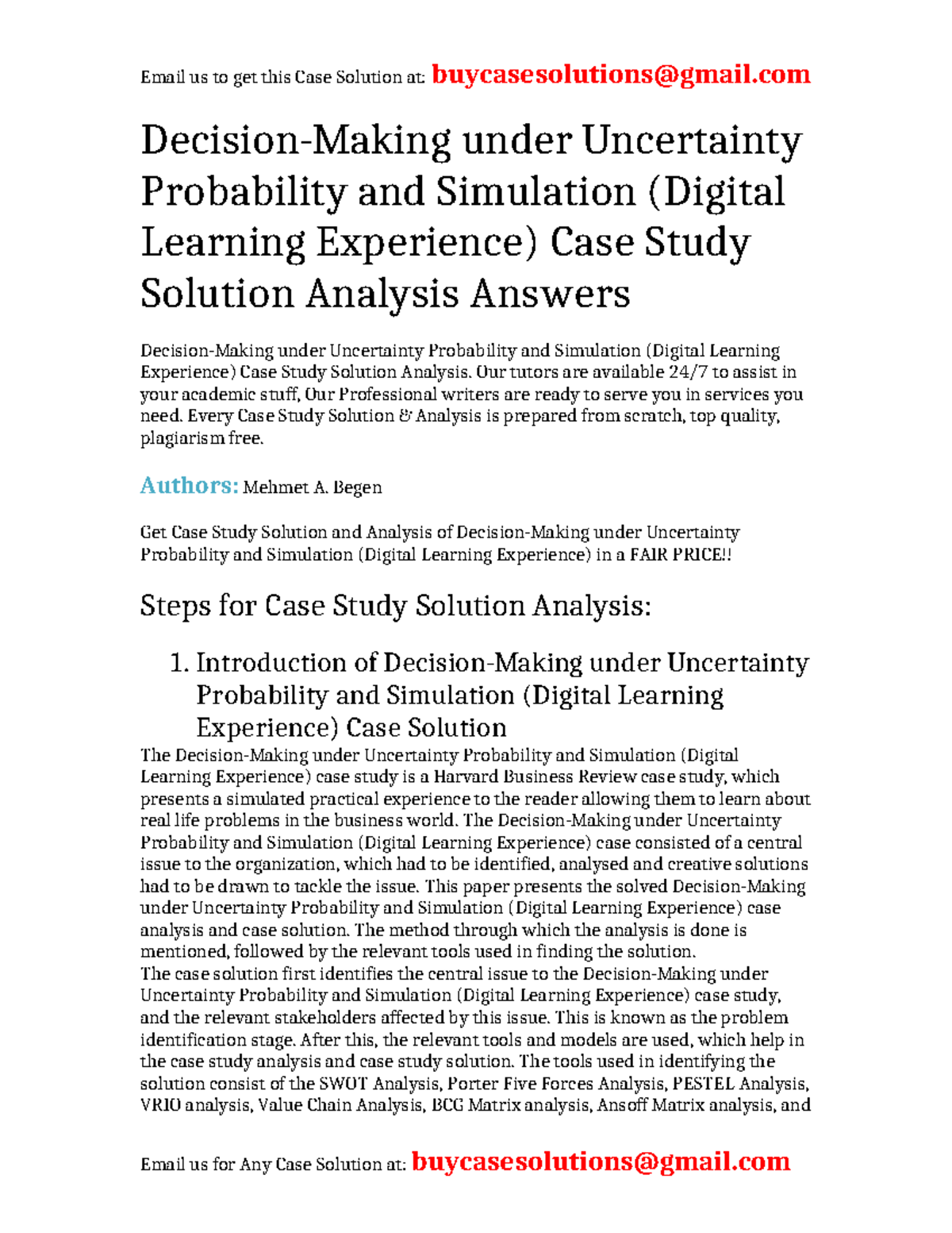 Case Solution Decision-Making under Uncertainty Probability and Simulation (Digital Learning ...