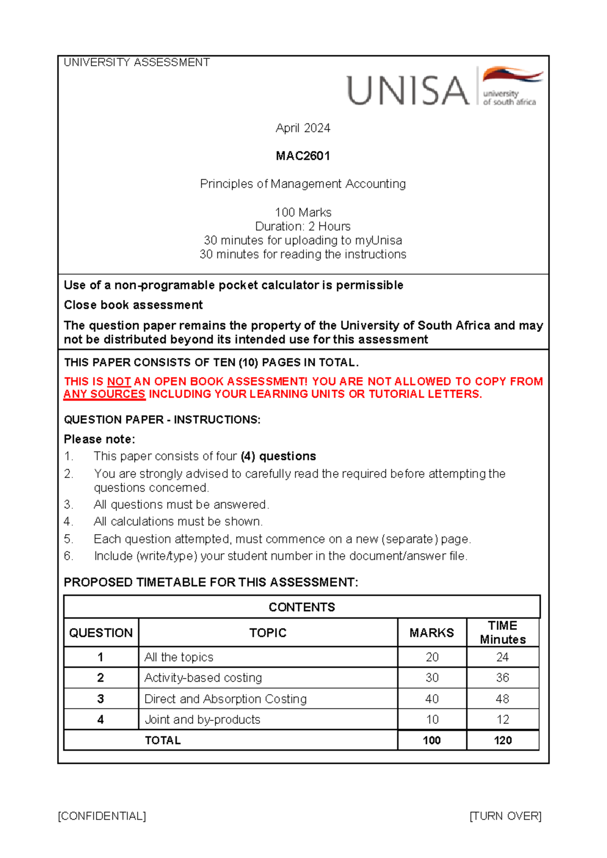 MAC2601 2024 April - [CONFIDENTIAL] [TURN OVER] UNIVERSITY ASSESSMENT ...