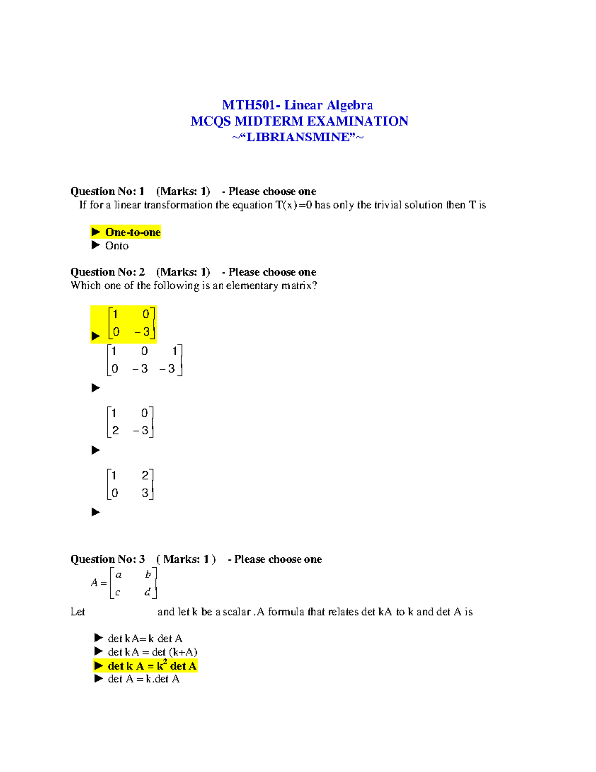 MTH501-Mid Term- Libriansmine - MTH501- Linear Algebra MCQS MIDTERM EXAMINATION “LIBRIANSMINE ...