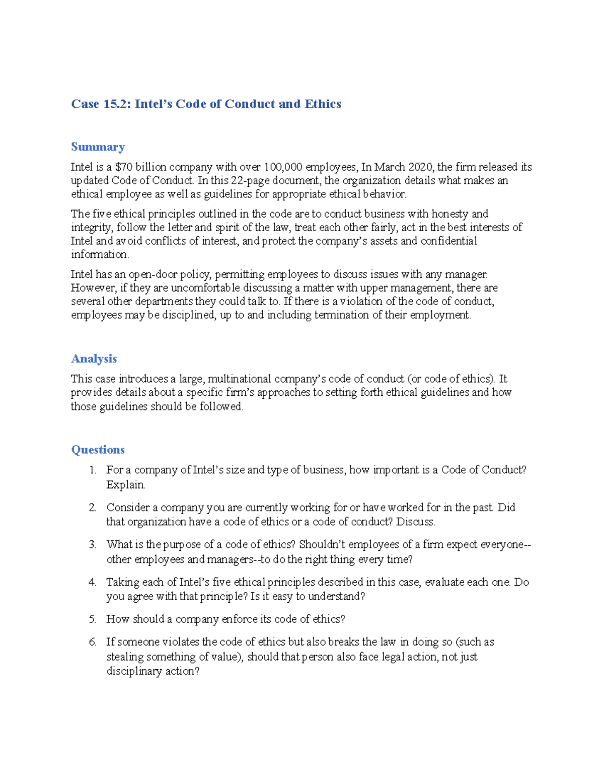 Case 15 - Case Problem Activity - Case 15: Intel’s Code of Conduct and ...
