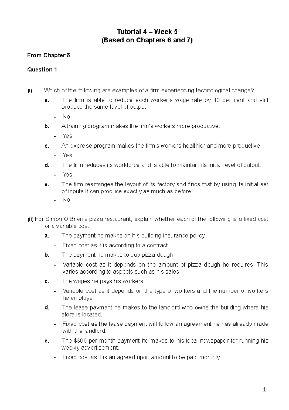 T4 Answers (CH6, CH7) - Tutorial 4 – Week 5 (Based on Chapters 6 and 7) From Chapter 6 Question ...