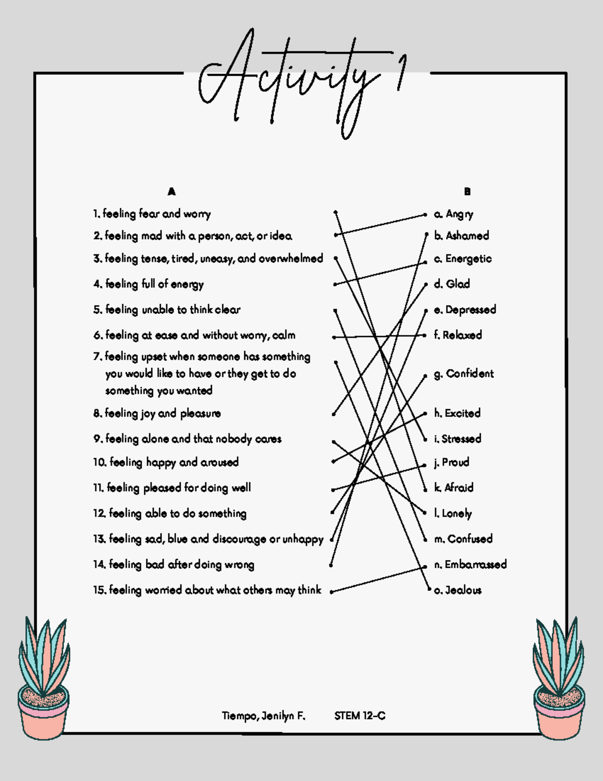 Activity 1-3 - N/A - A B 1. feeling fear and worry a. Angry 2. feeling ...