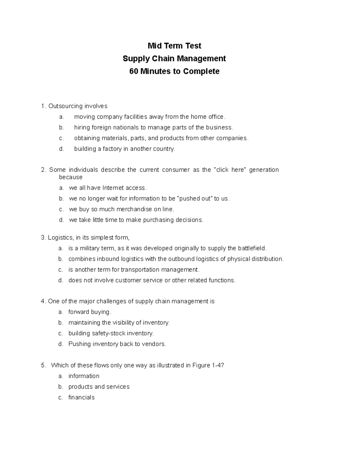 Mid Term Test - Summer 2020 - Mid Term Test Supply Chain Management 60 ...