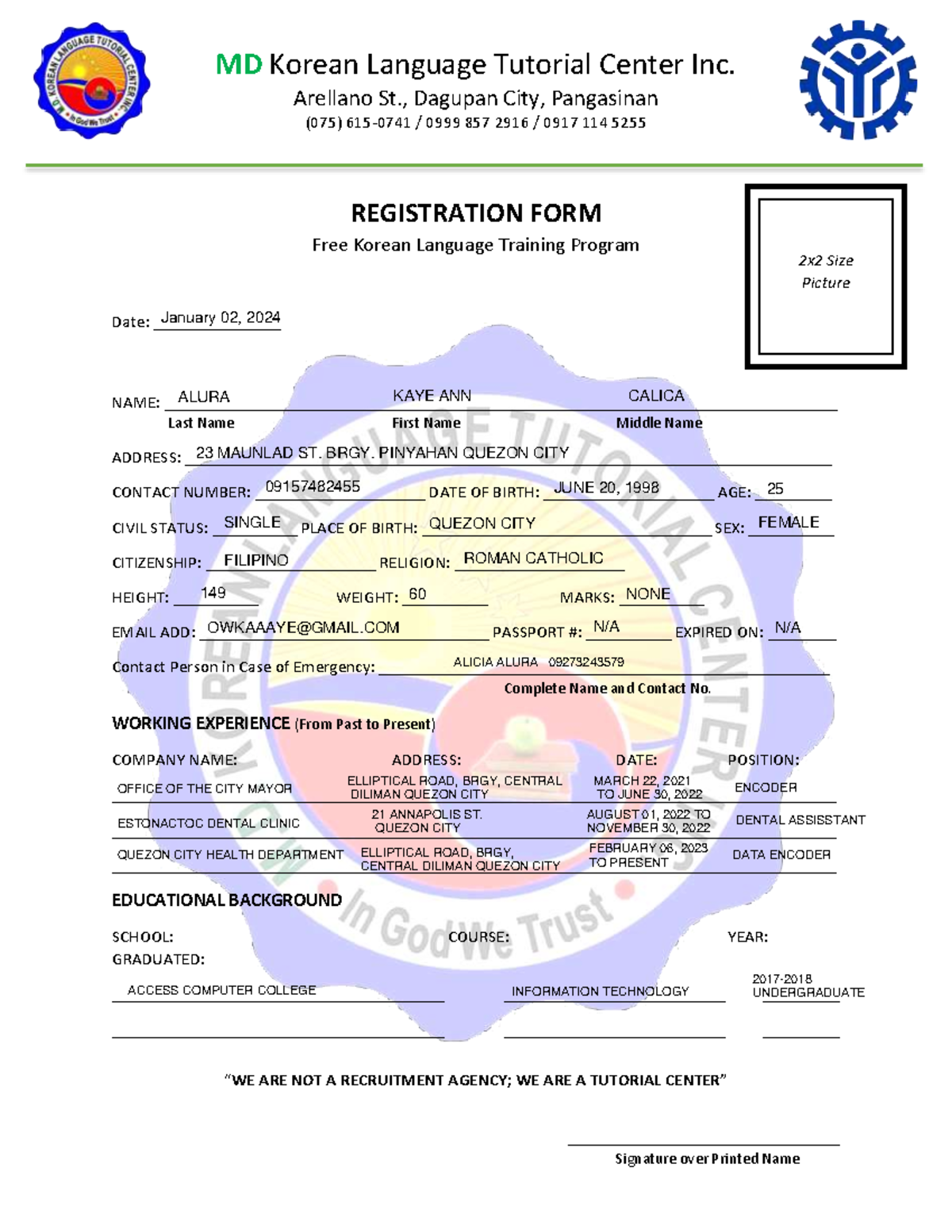 FREE Registration FORM 2023 - MD Korean Language Tutorial Center Inc ...
