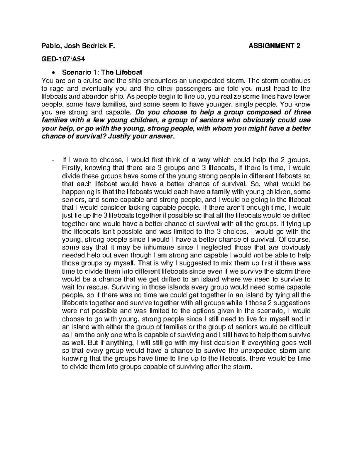 Assignment-2 GED107 Pablo A54 - Pablo, Josh Sedrick F. ASSIGNMENT 2 GED-107/A Scenario 1: The ...