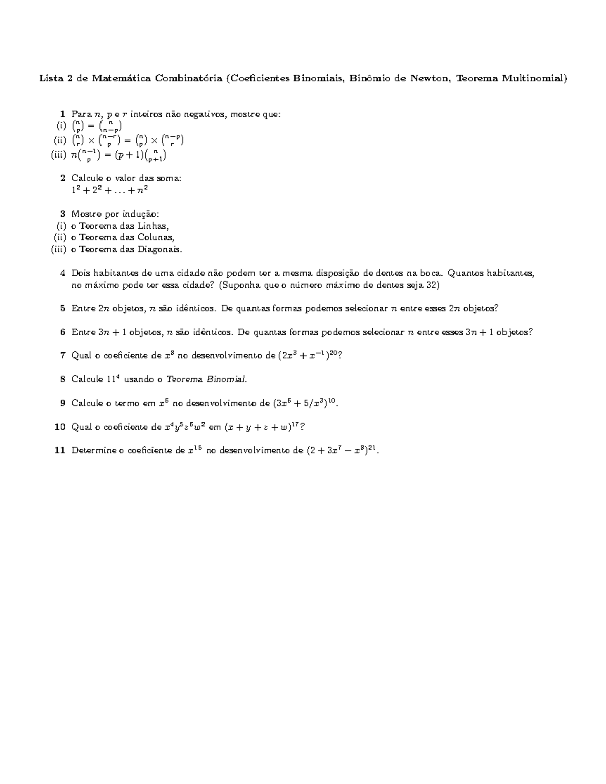 Lista 2+ - Lista 2 de Matem ́atica Combinat ́oria (Coeficientes ...