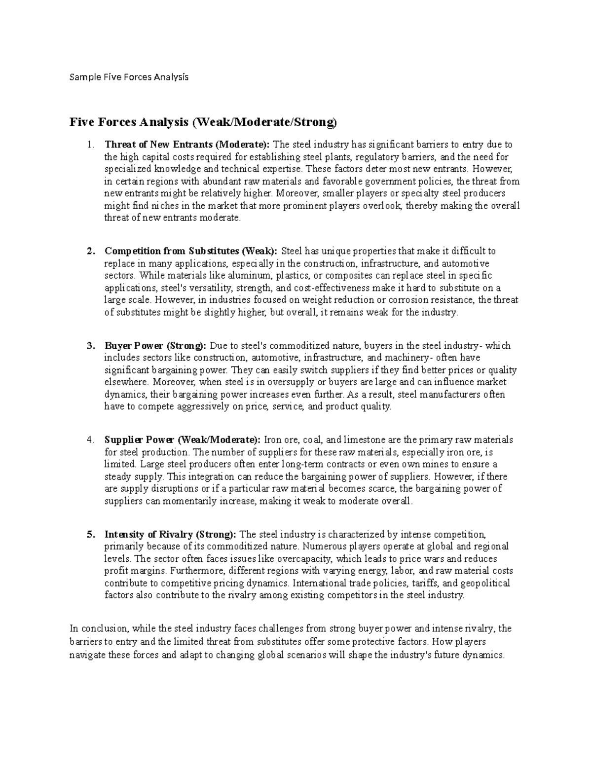 Sample Five Forces Analysis - Threat of New Entrants (Moderate): The ...