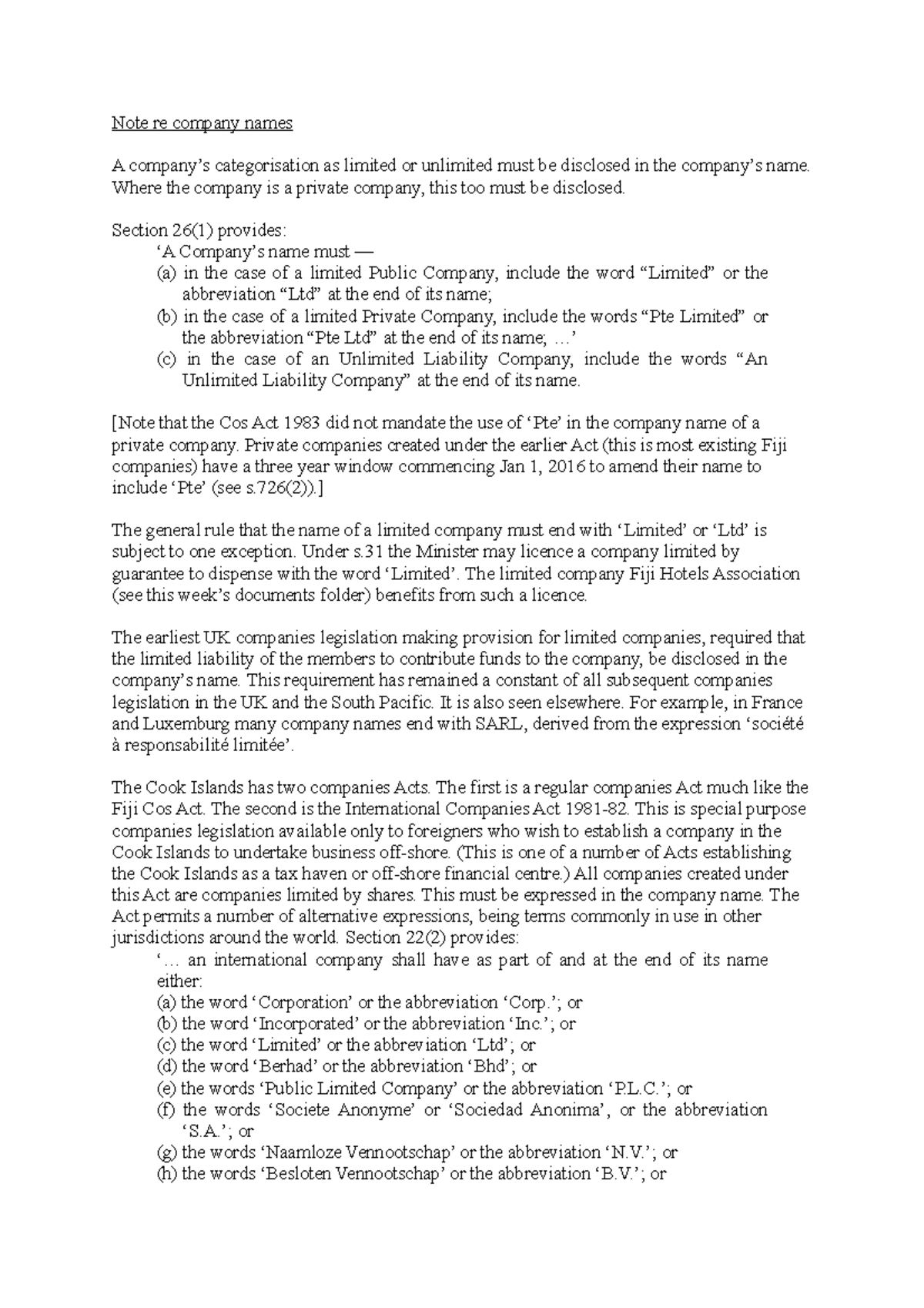 Note re company names - notes - Note re company names A company’s ...