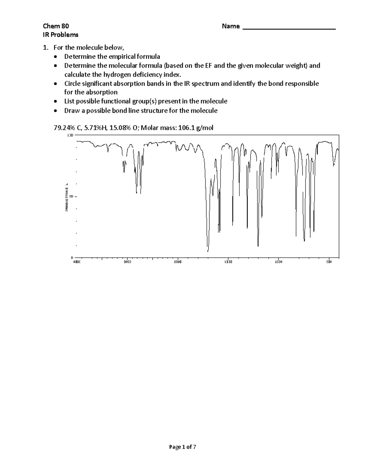 IR exercise - IR Problems For the molecule below, Determine the ...