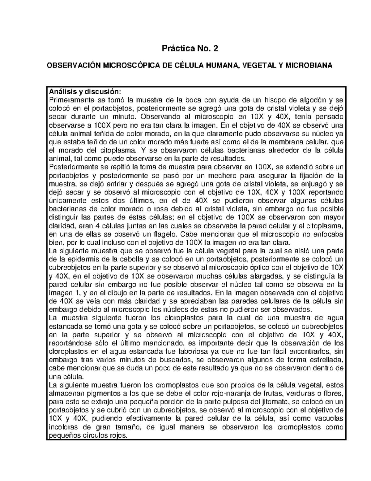 Práctica 2 - OBSERVACIÓN MICROSCÓPICA DE CÉLULA HUMANA, VEGETAL Y MICROBIANA - Práctica No. 2 ...