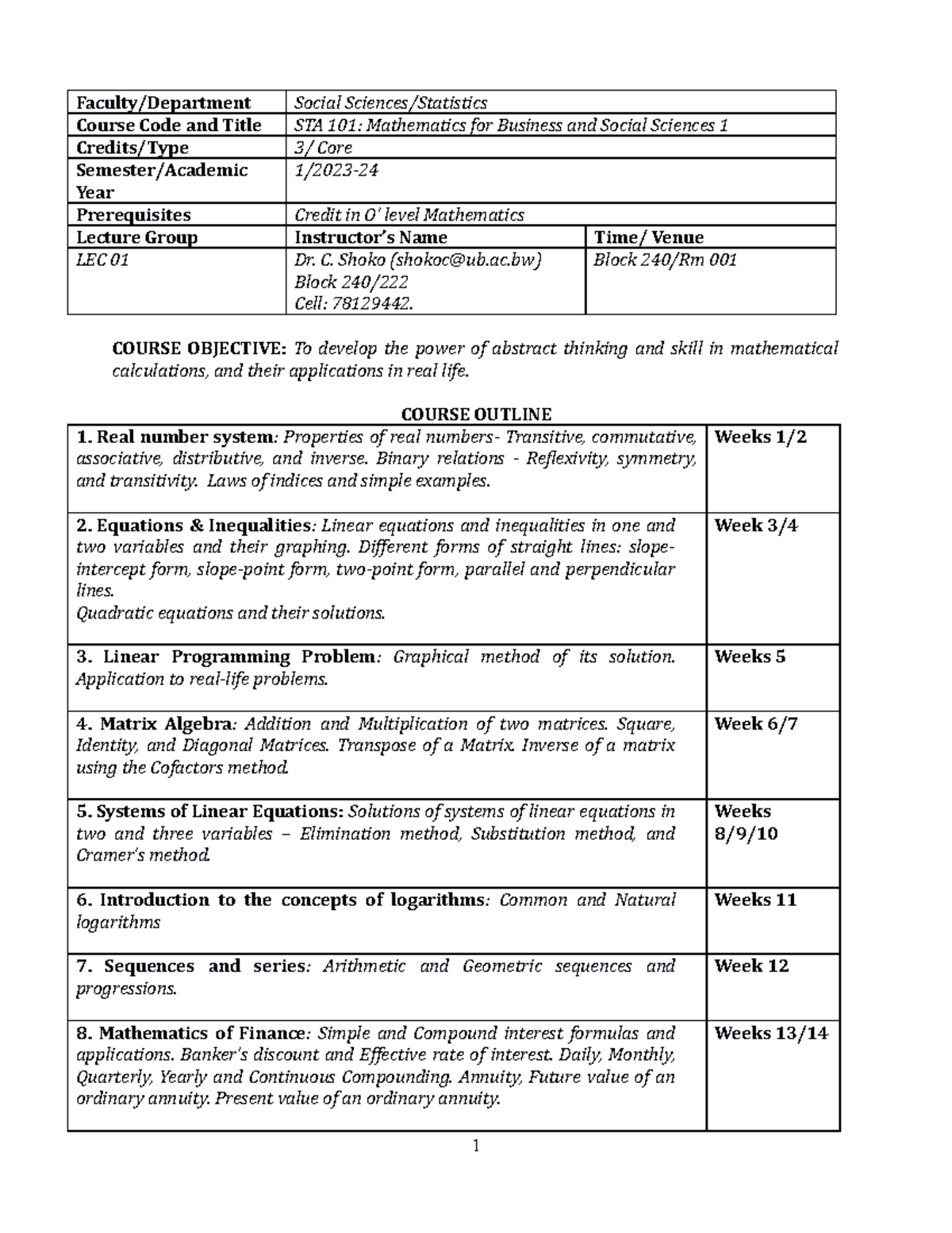 STA 101-Course outline Aug 2023 - Faculty/Department Social Sciences/Statistics Course Code and ...