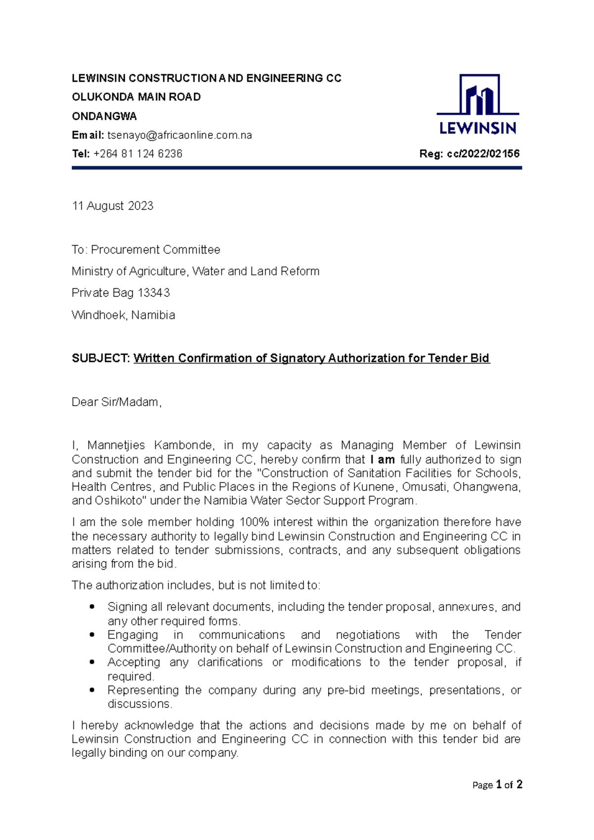 LCE CC Authorization Signatory - LEWINSIN CONSTRUCTION AND ENGINEERING CC OLUKONDA MAIN ROAD ...