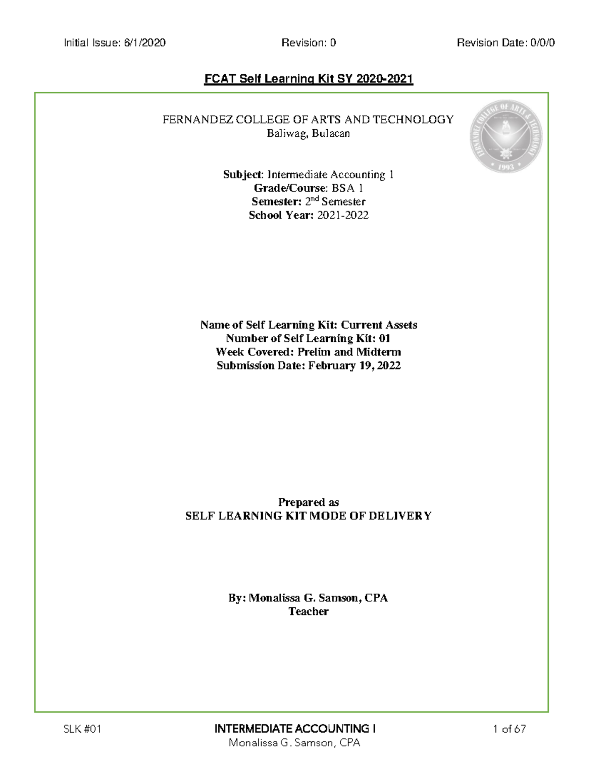 Self Learning Kit for Intermediate Accounting 1 - SLK #01 INTERMEDIATE ...