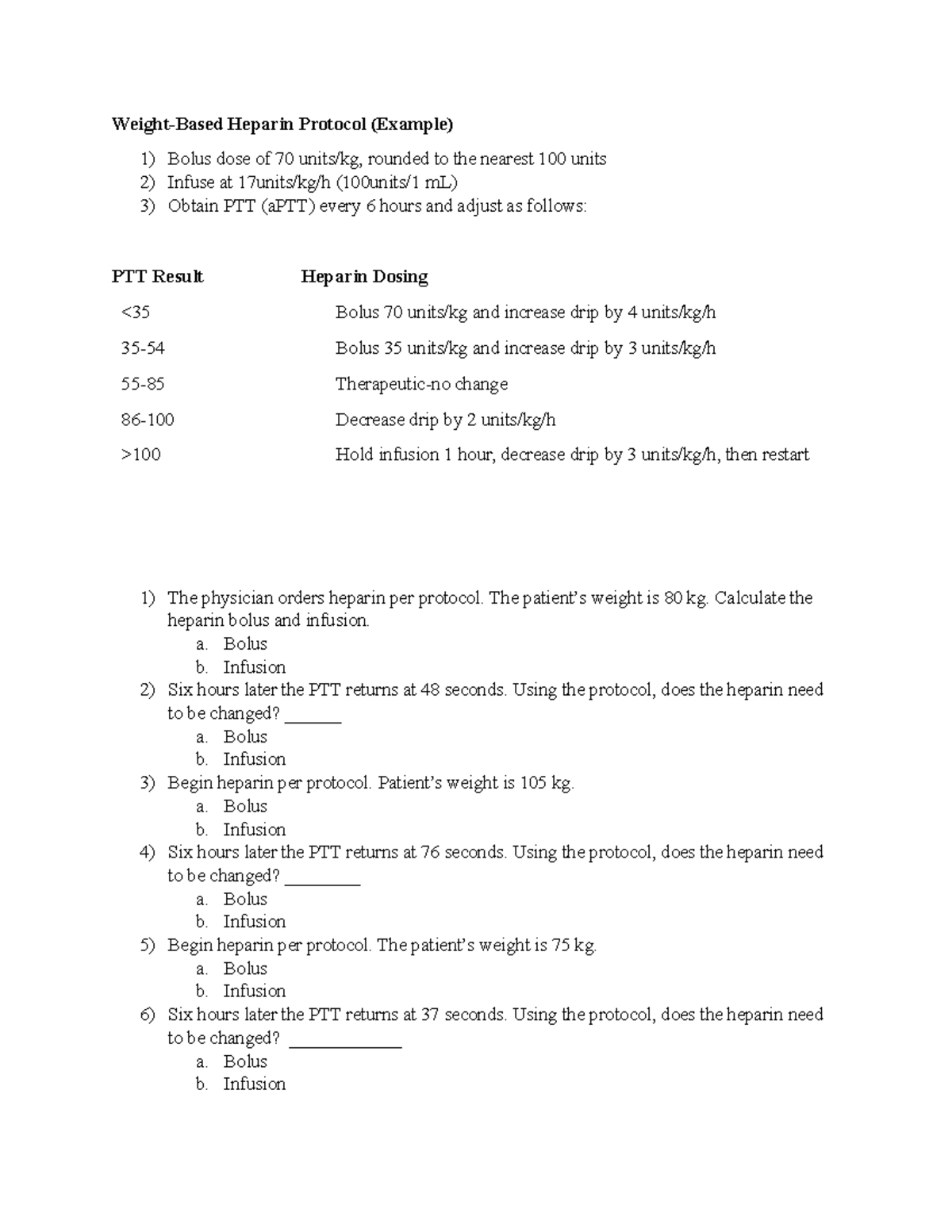 Heparin Protocol Problems (1) - Weight-Based Heparin Protocol (Example ...