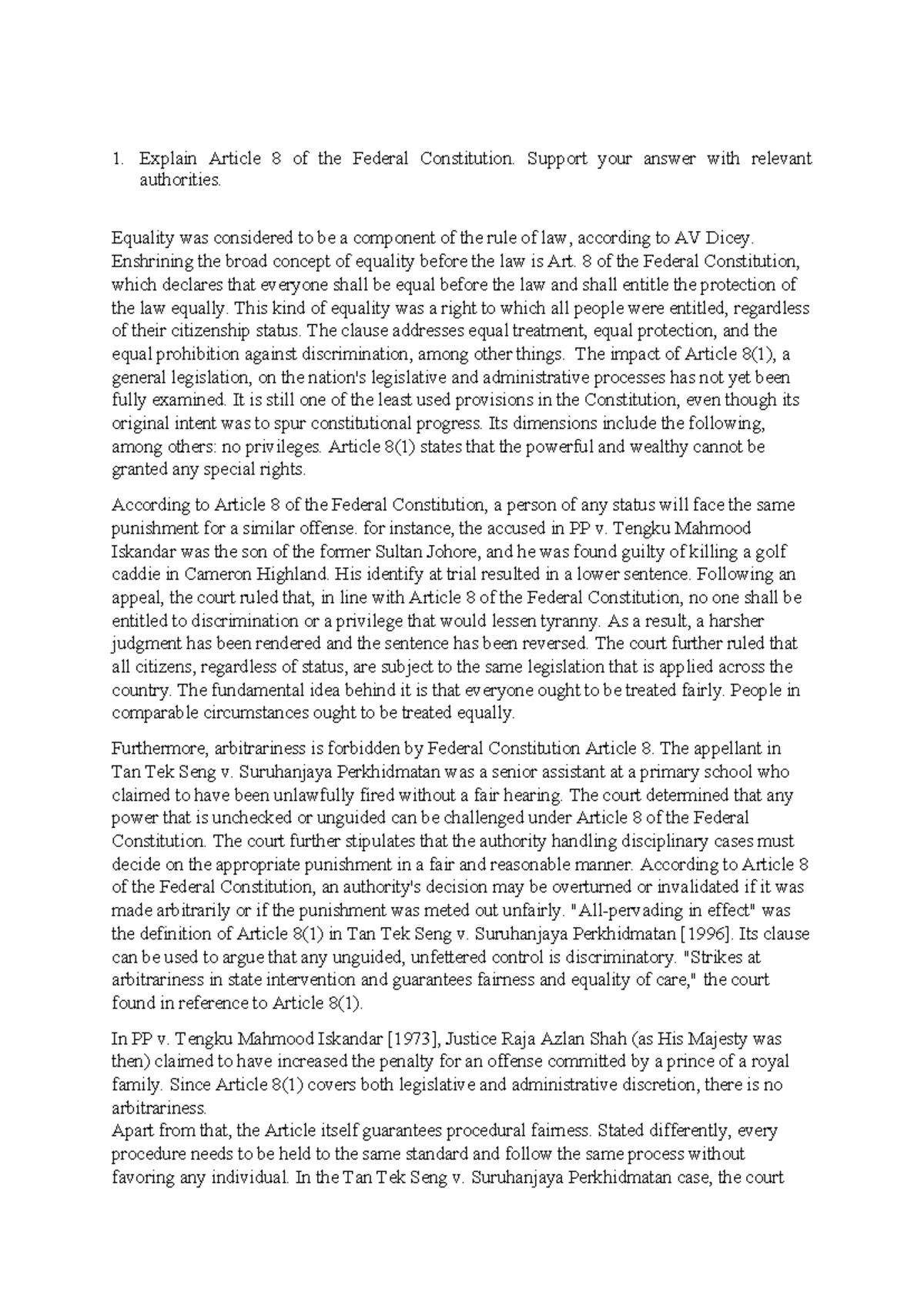 Article 8 FC tuto - week 6 tuto - Explain Article 8 of the Federal ...
