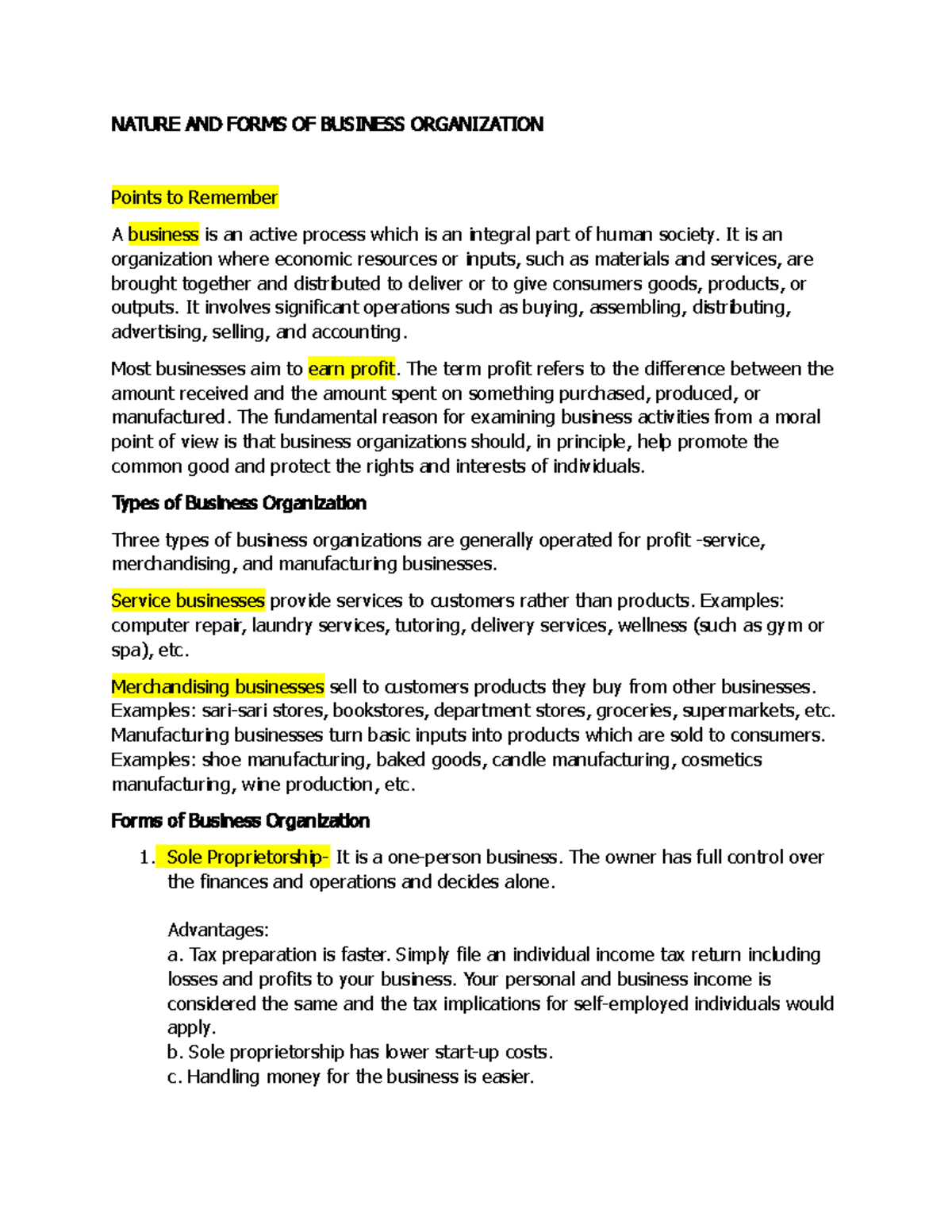 Nature AND Forms OF Business Organization - NATURE AND FORMS OF ...
