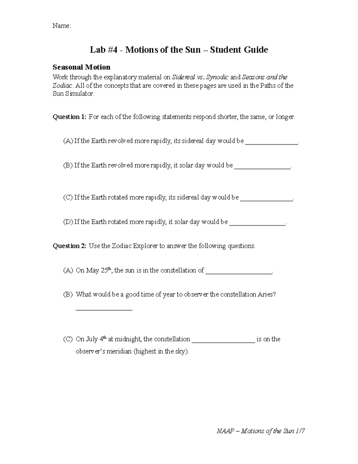 Lab 4 Student Guide - None - Name: Lab #4 - Motions of the Sun ...
