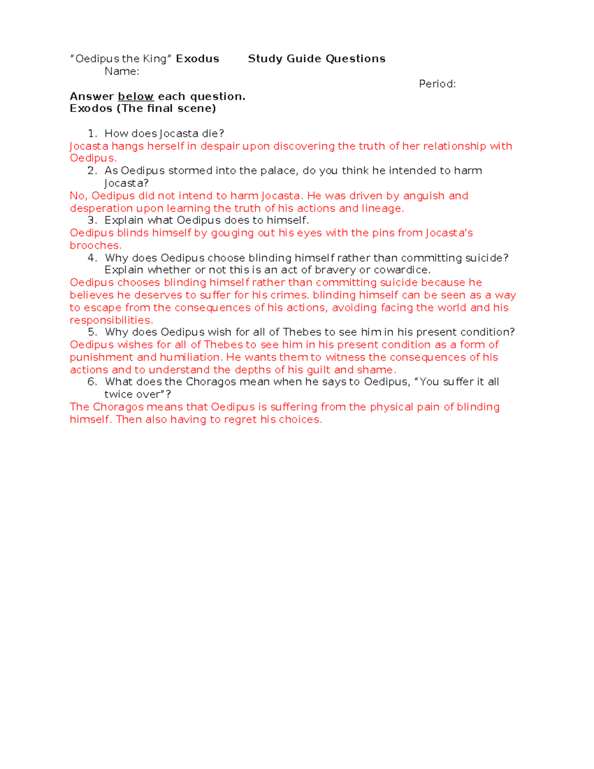 Oedipus the King Exodus SG Questions - ”Oedipus the King” Exodus Study ...