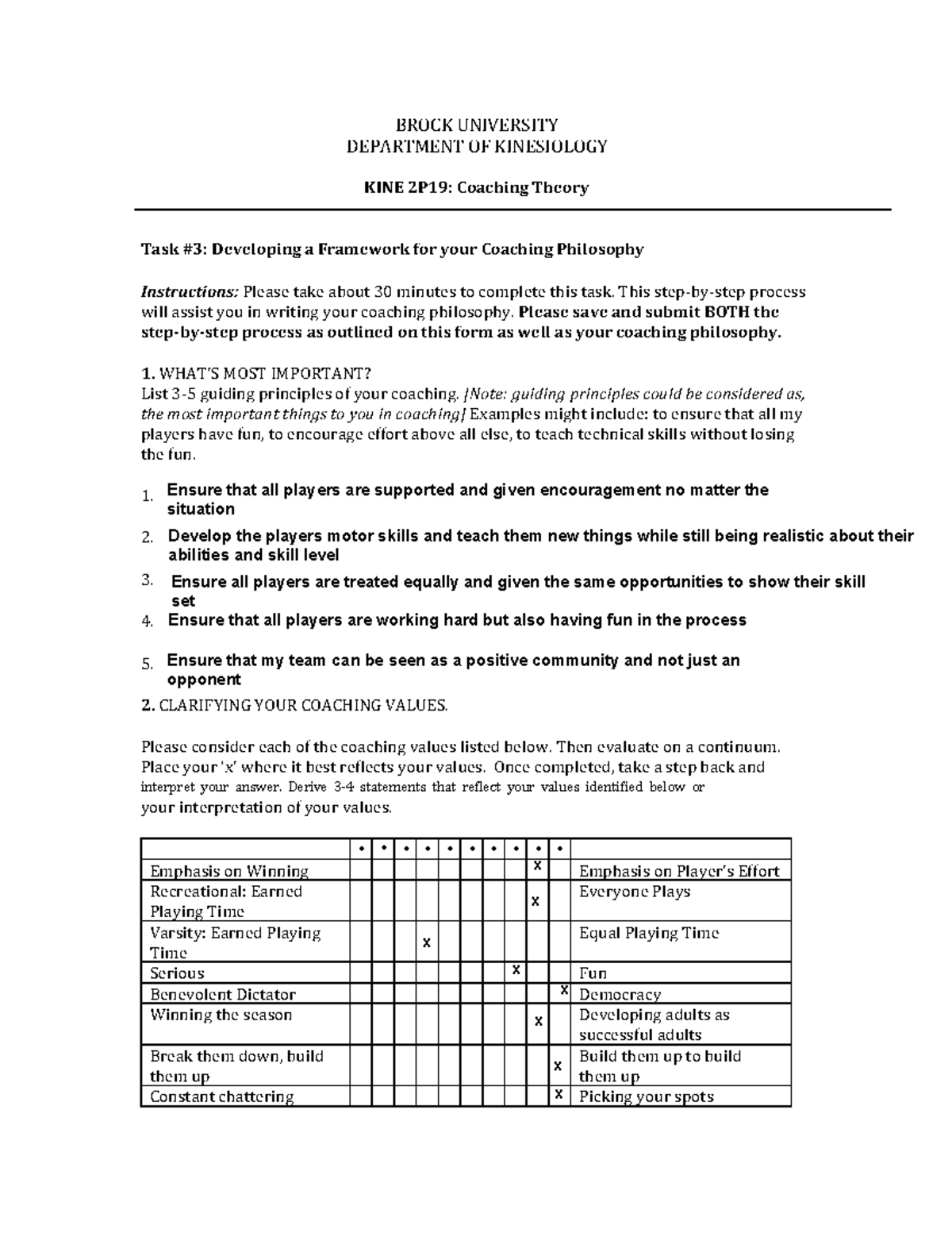 Task 3 - Coaching Philosophy - BROCK UNIVERSITY DEPARTMENT OF ...