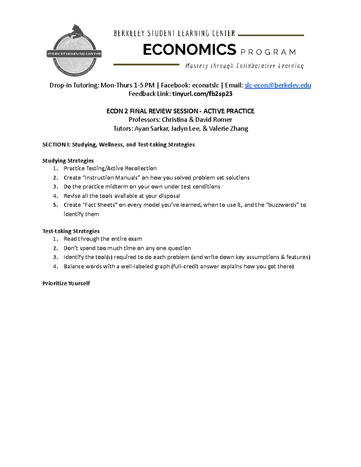 Econ 2 Final Review Worksheet - SP'23 - ECON 2 - UCB - Studocu