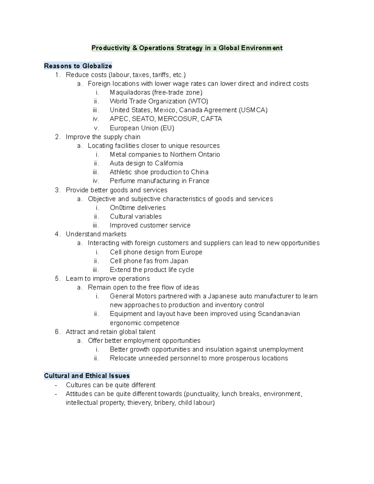 Week 2 Productivity Operations Strategy in a Global Environment ...