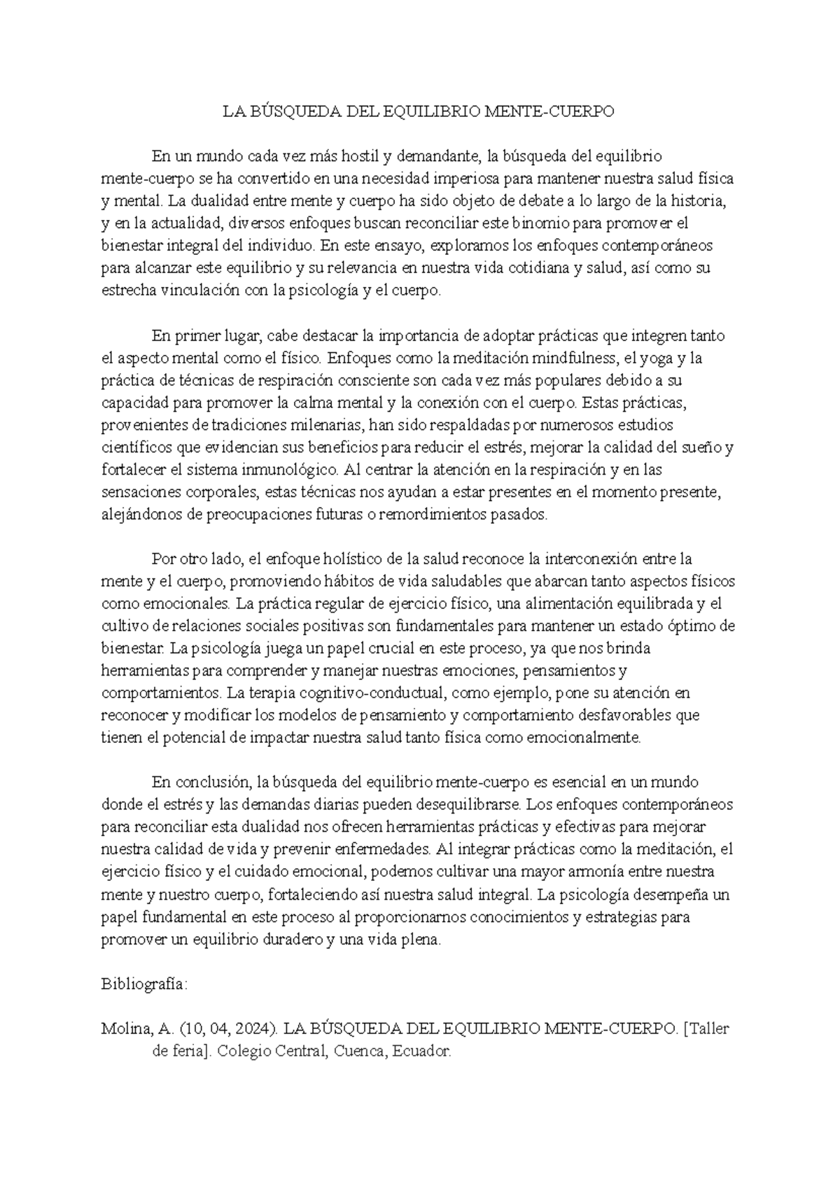 LA Búsqueda DEL Equilibrio Mente- Cuerpo, Ensayo - LA BÚSQUEDA DEL EQUILIBRIO MENTE-CUERPO En un ...