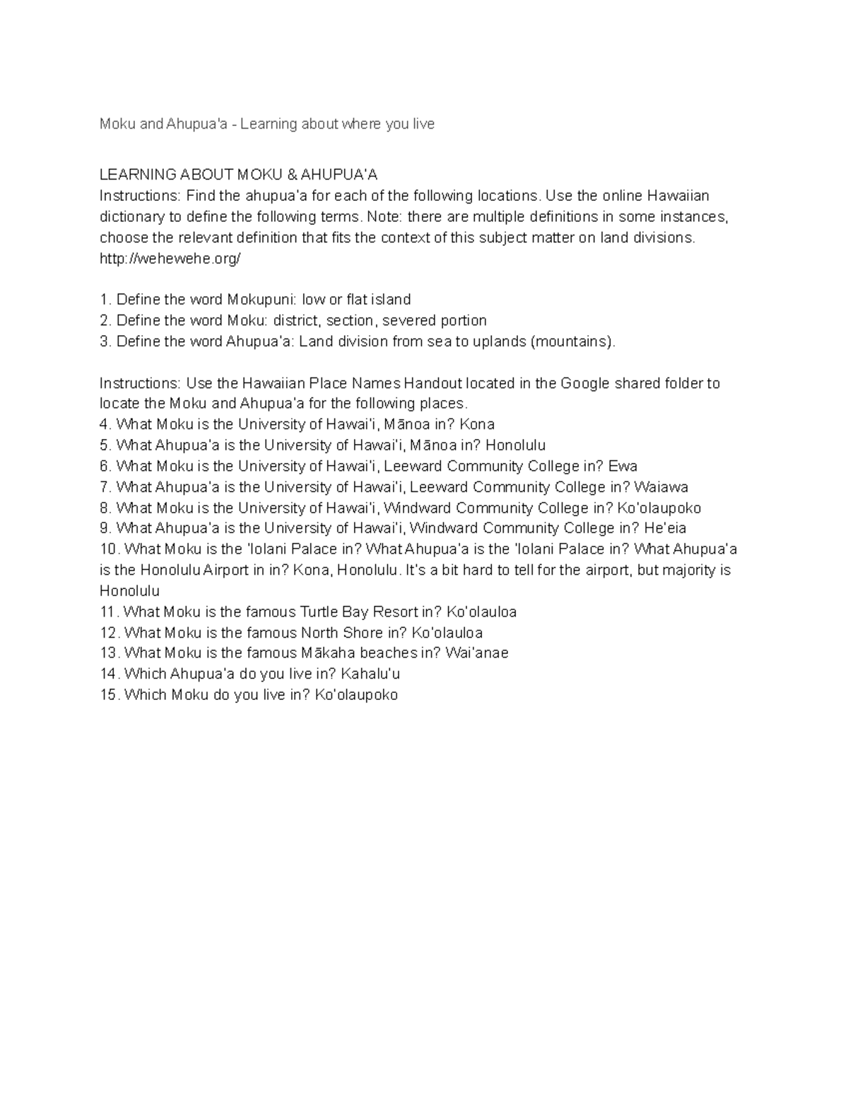 HWST 107 Moku and Ahupua'a - Learning about where you live - Moku and ...